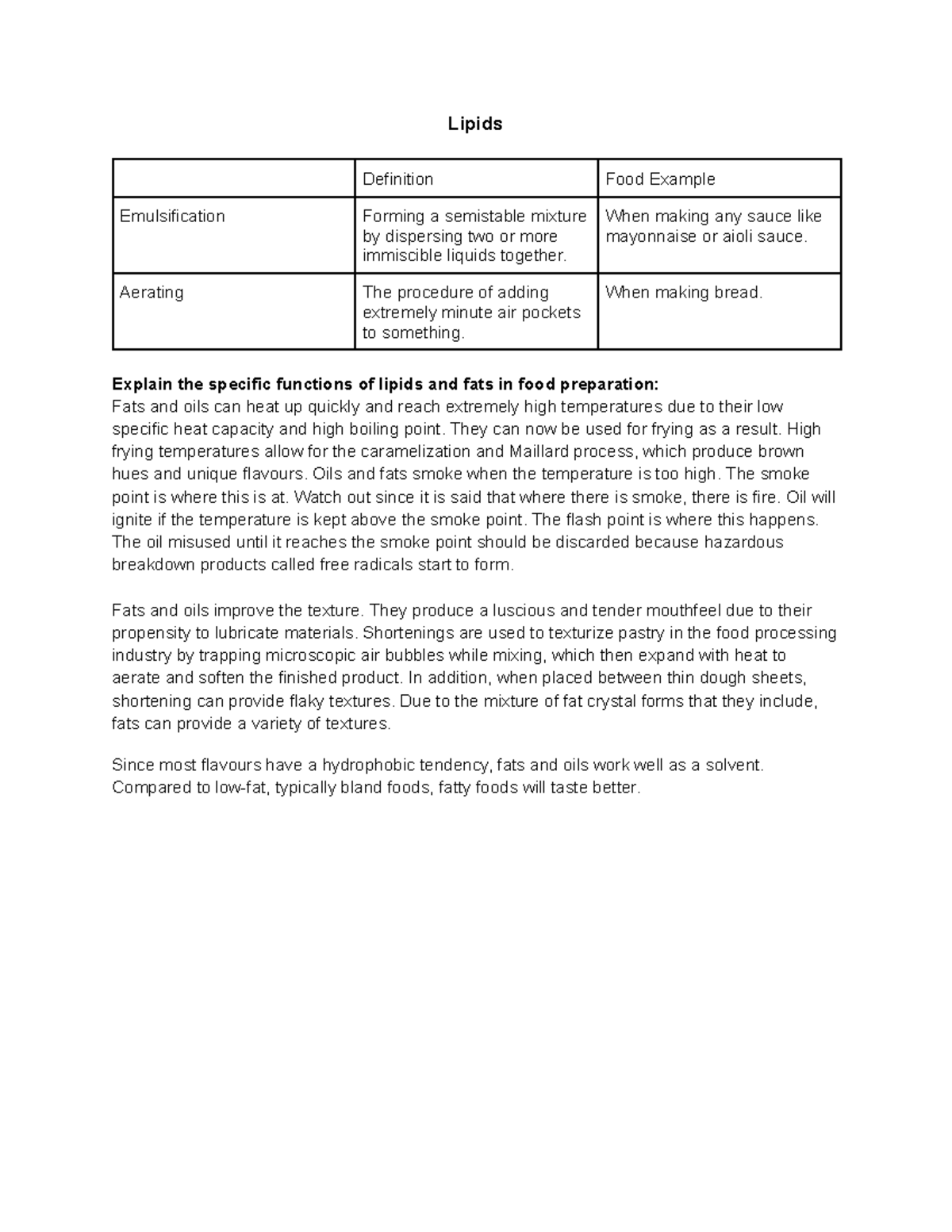 Lipids Notes - Lipids Definition Food Example Emulsification Forming a ...
