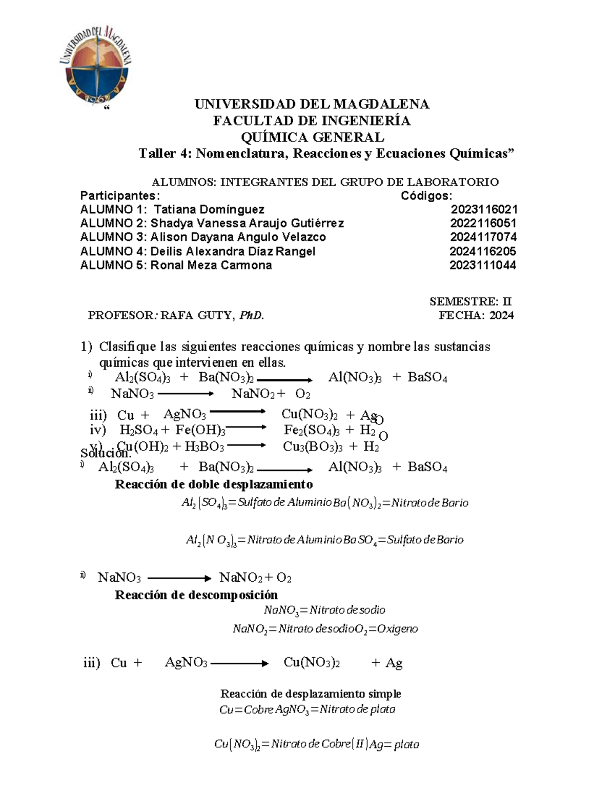 7. Taller sobre Nomenclatura y Reacciones Química, 2024 - “ UNIVERSIDAD DEL MAGDALENA FACULTAD ...