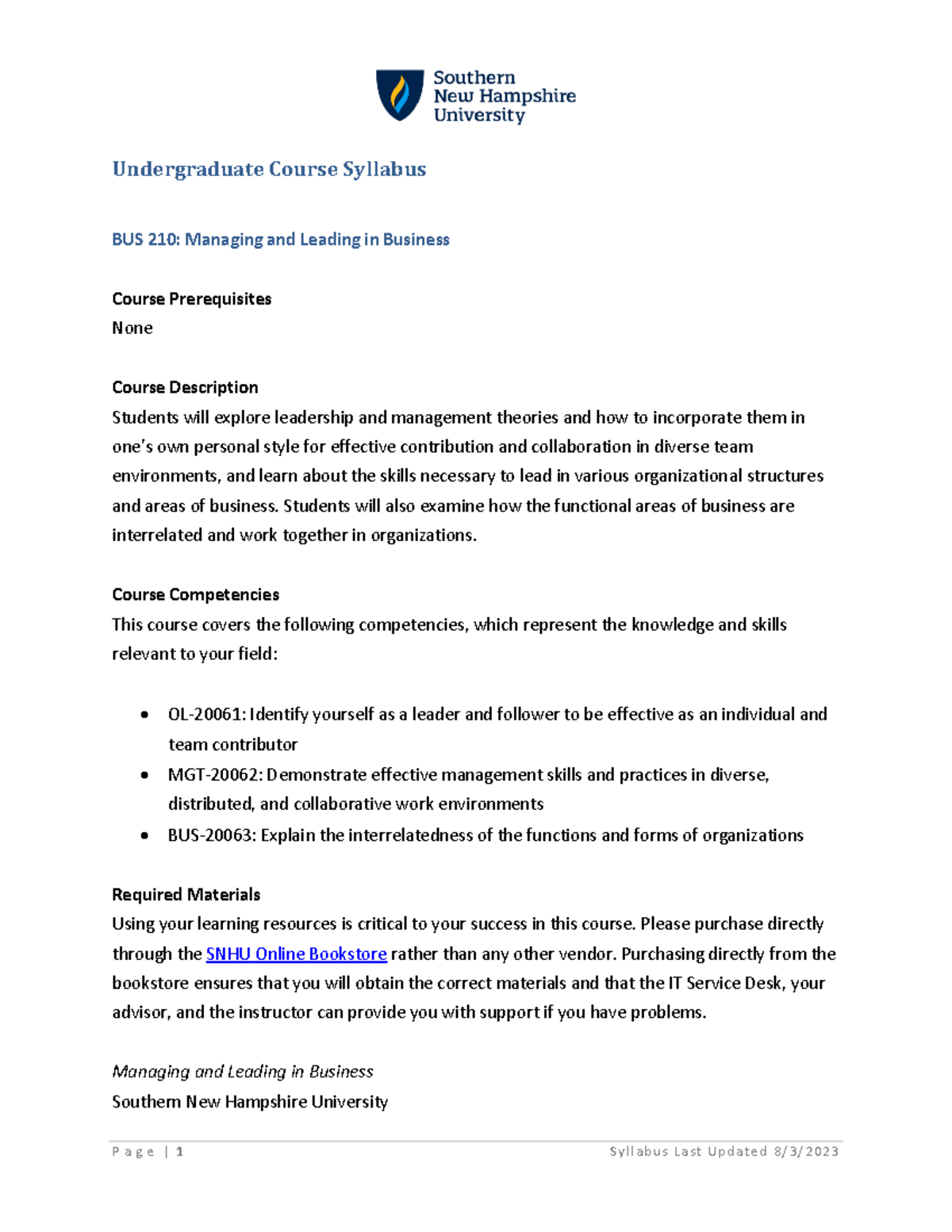 BUS 210 Syllabus - Undergraduate Course Syllabus BUS 210: Managing and ...