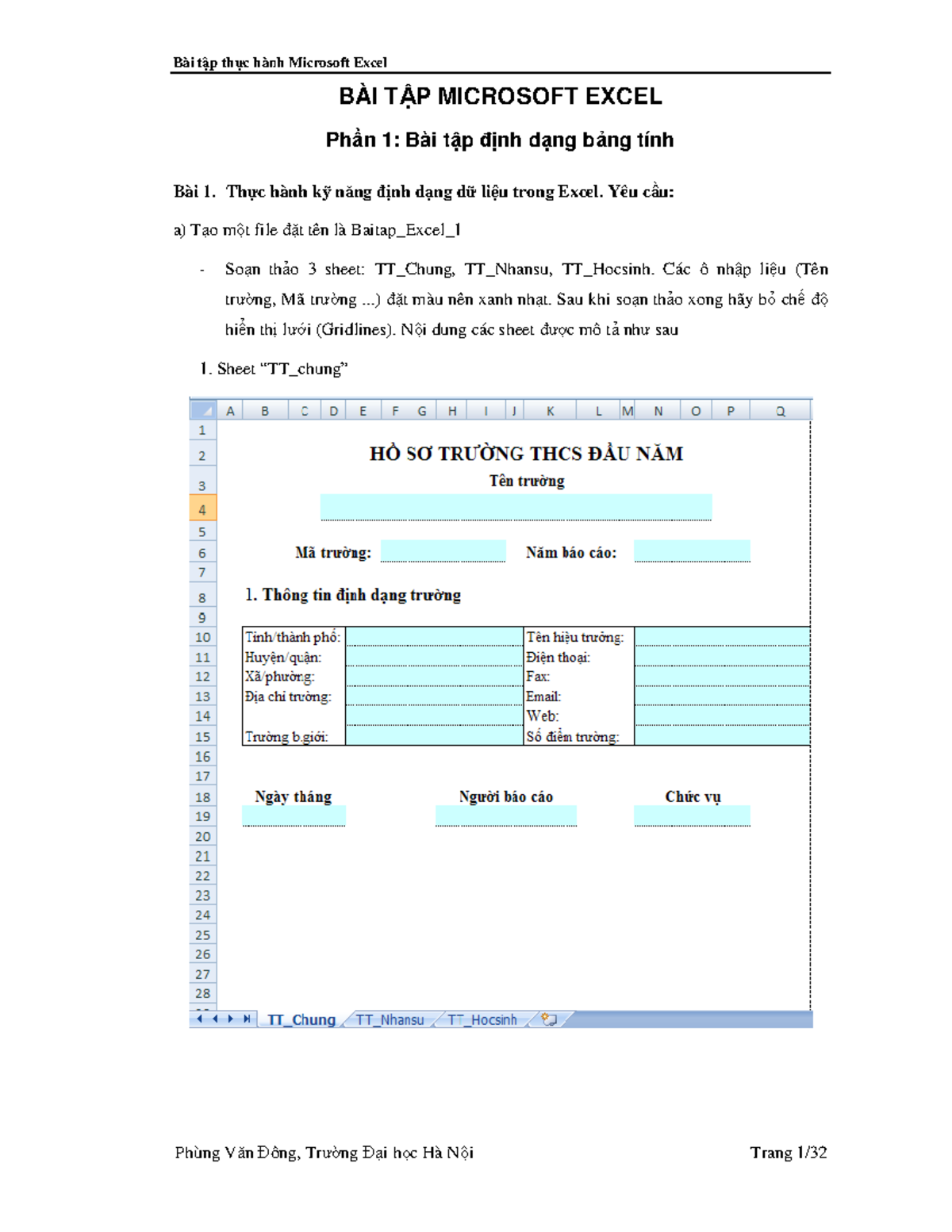 Phần III - Bai tap MS Excel (Part 1) - BÀI T P MICROSOFT EXCEL Ph n 1: Bài t p nh d ng b - Studocu