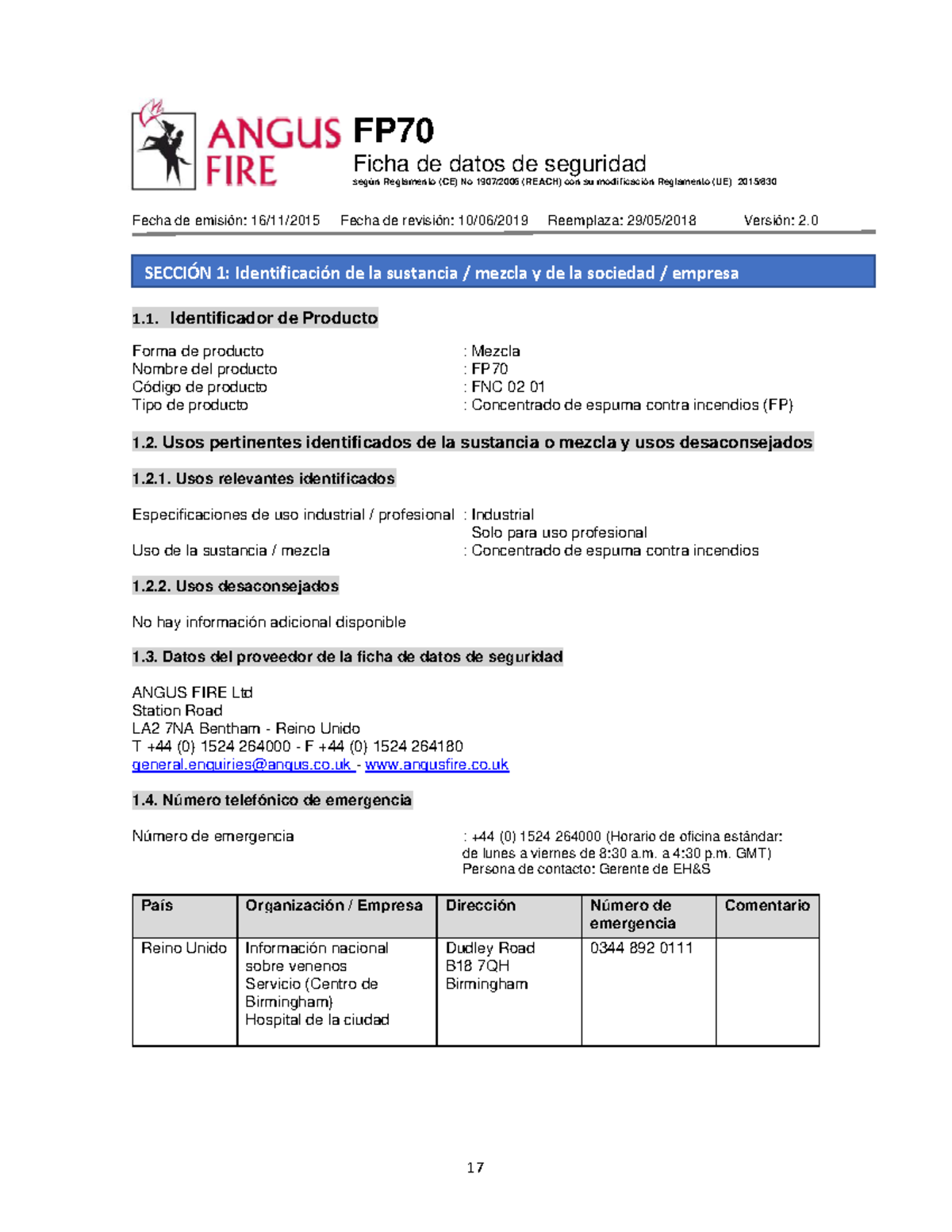 2. FDS- Angus FIRE FP 70 - FDS PRODUCTO QUIMICO - Ficha de datos de seguridad según Reglamento ...