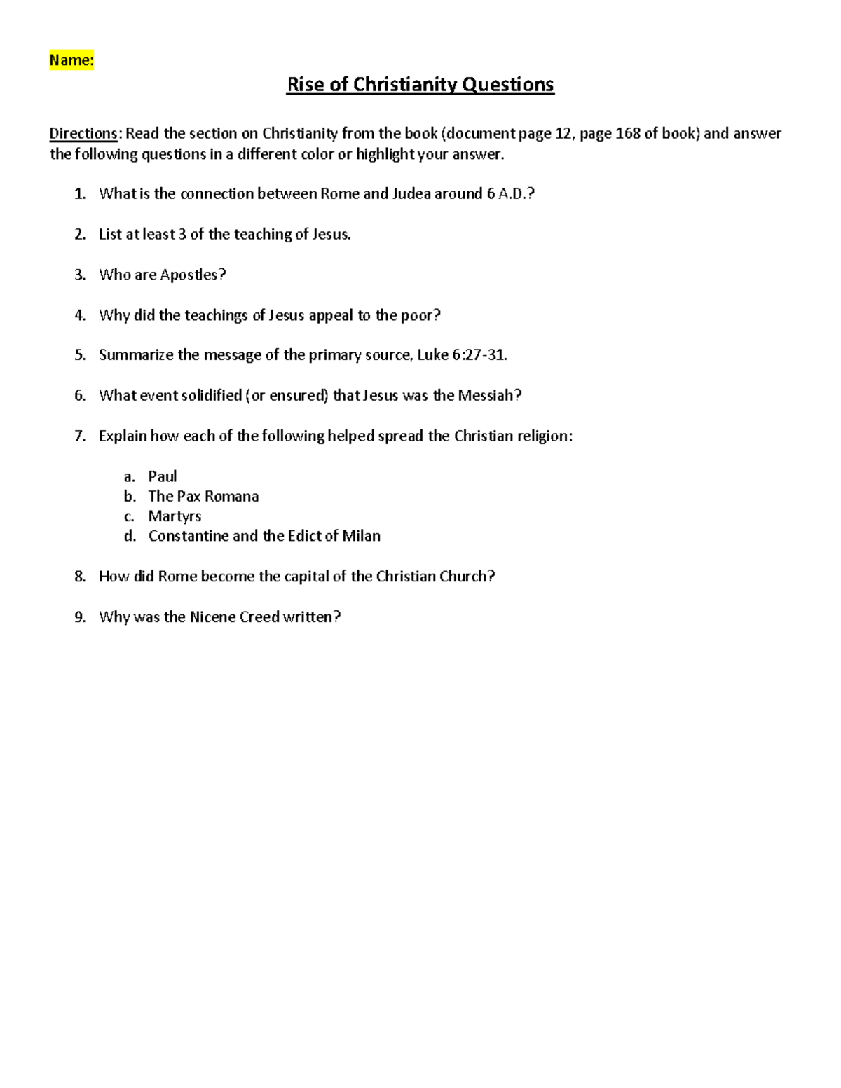 Rise of Christianity Questions - Name: Rise of Christianity Questions ...