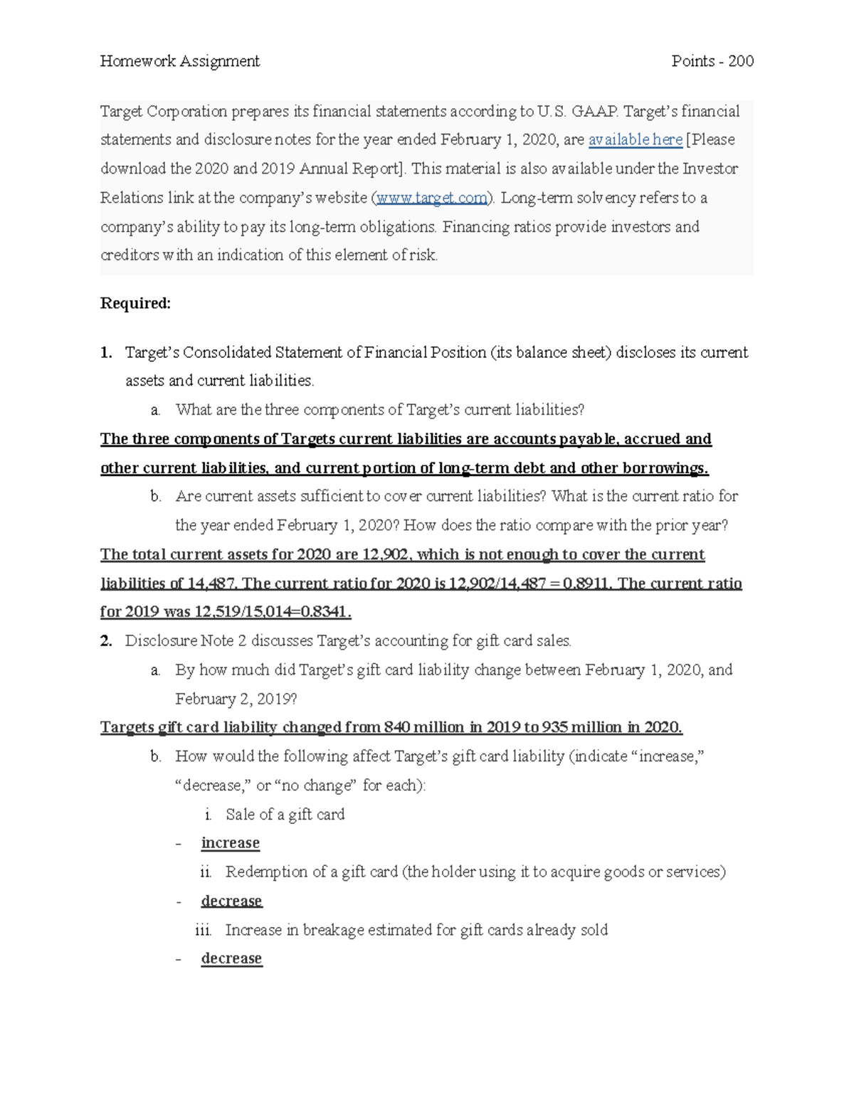 ACCT 212 Assignment Complete - Homework Assignment Points - 200 Target Corporation prepares its ...