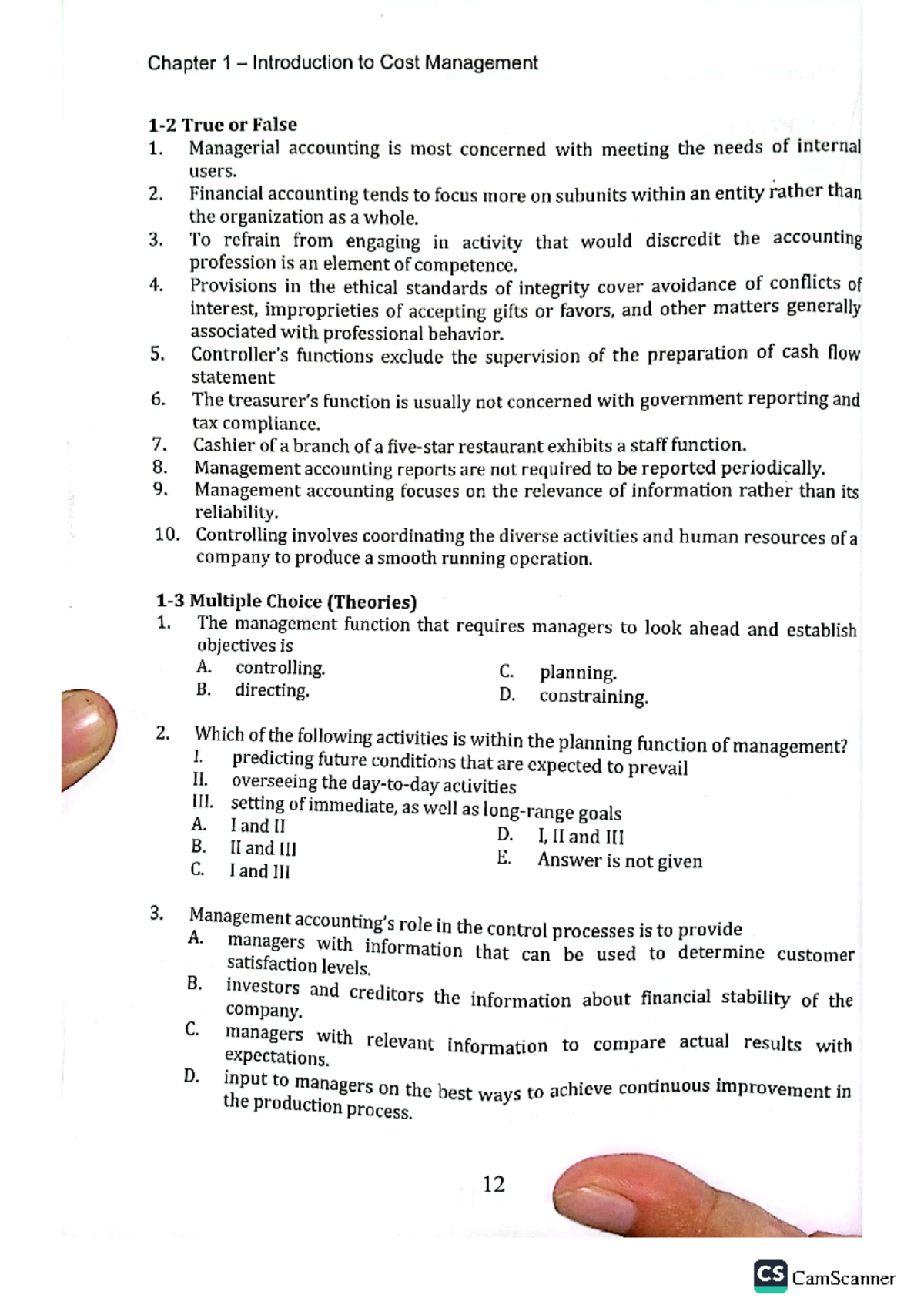 Scm Mcqs Scm Mcqs Chapter 1 Introduction To Cost Management True Or False 1 Managerial