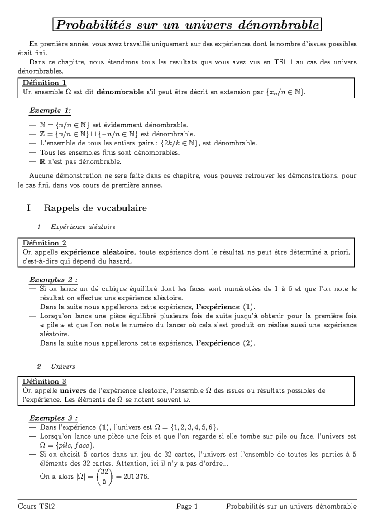 Chapitre 1 Probabilités sur un univers dénombrable - Probabilit ́es sur ...