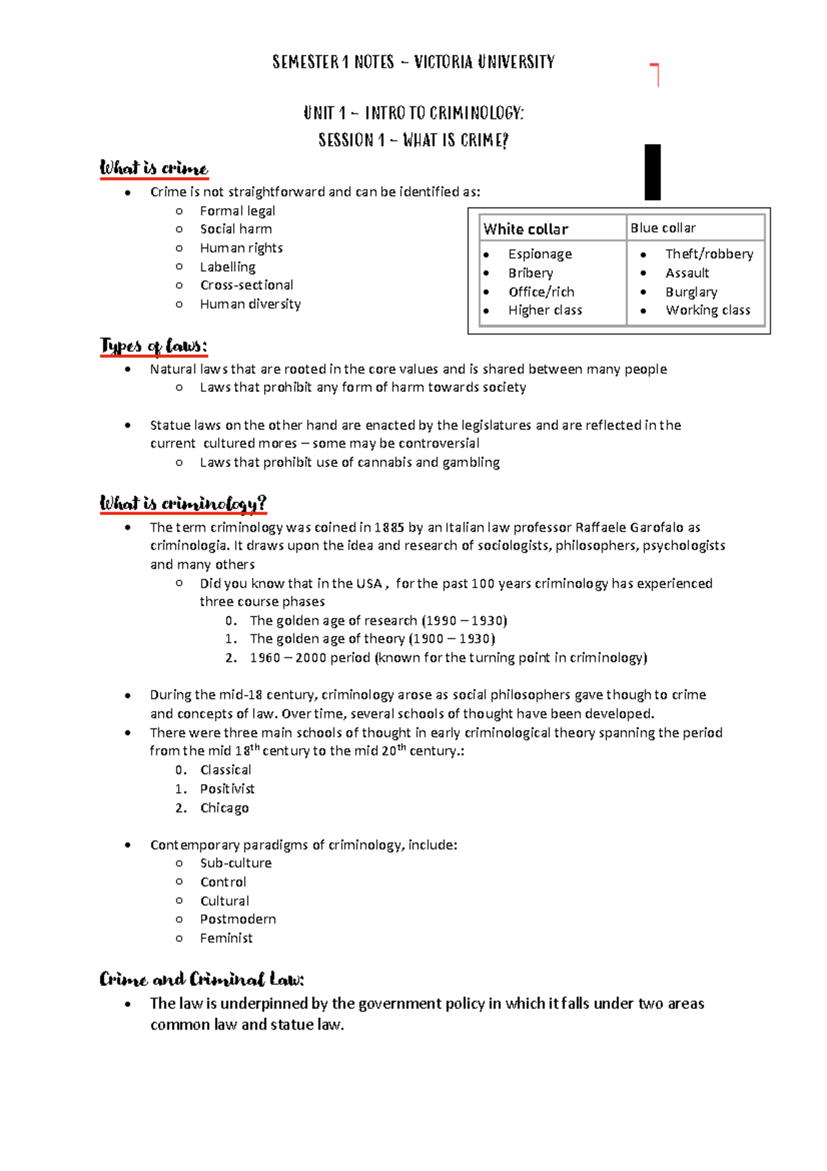 Semester 1 Notes - UNIT 1 – INTRO TO CRIMINOLOGY: SESSION 1 – WHAT IS ...
