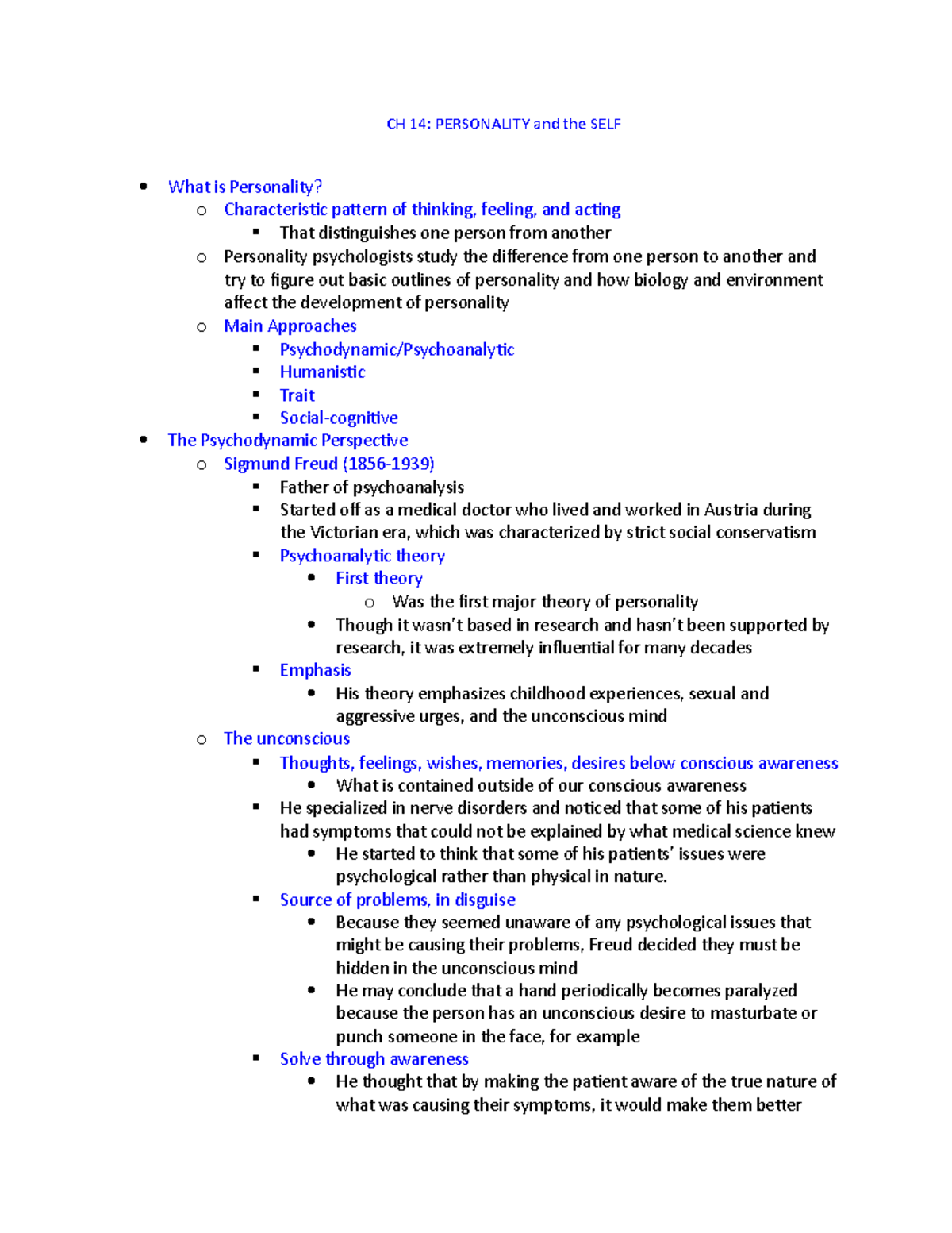 Chapter 14: Personality notes - CH 14: PERSONALITY and the SELF What is ...