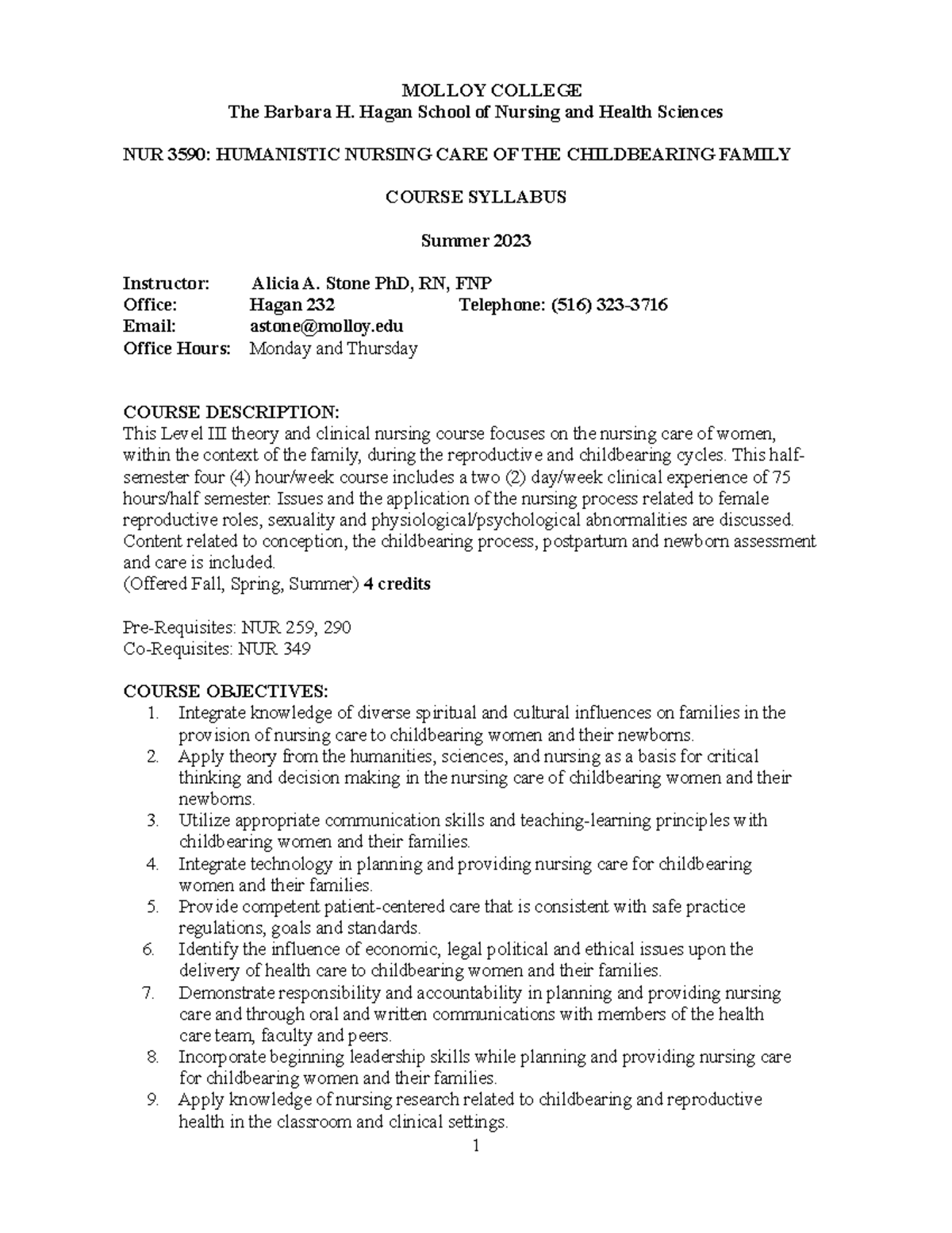 NUR 3590 Stone, A - syllabus - MOLLOY COLLEGE The Barbara H. Hagan School of Nursing and Health ...