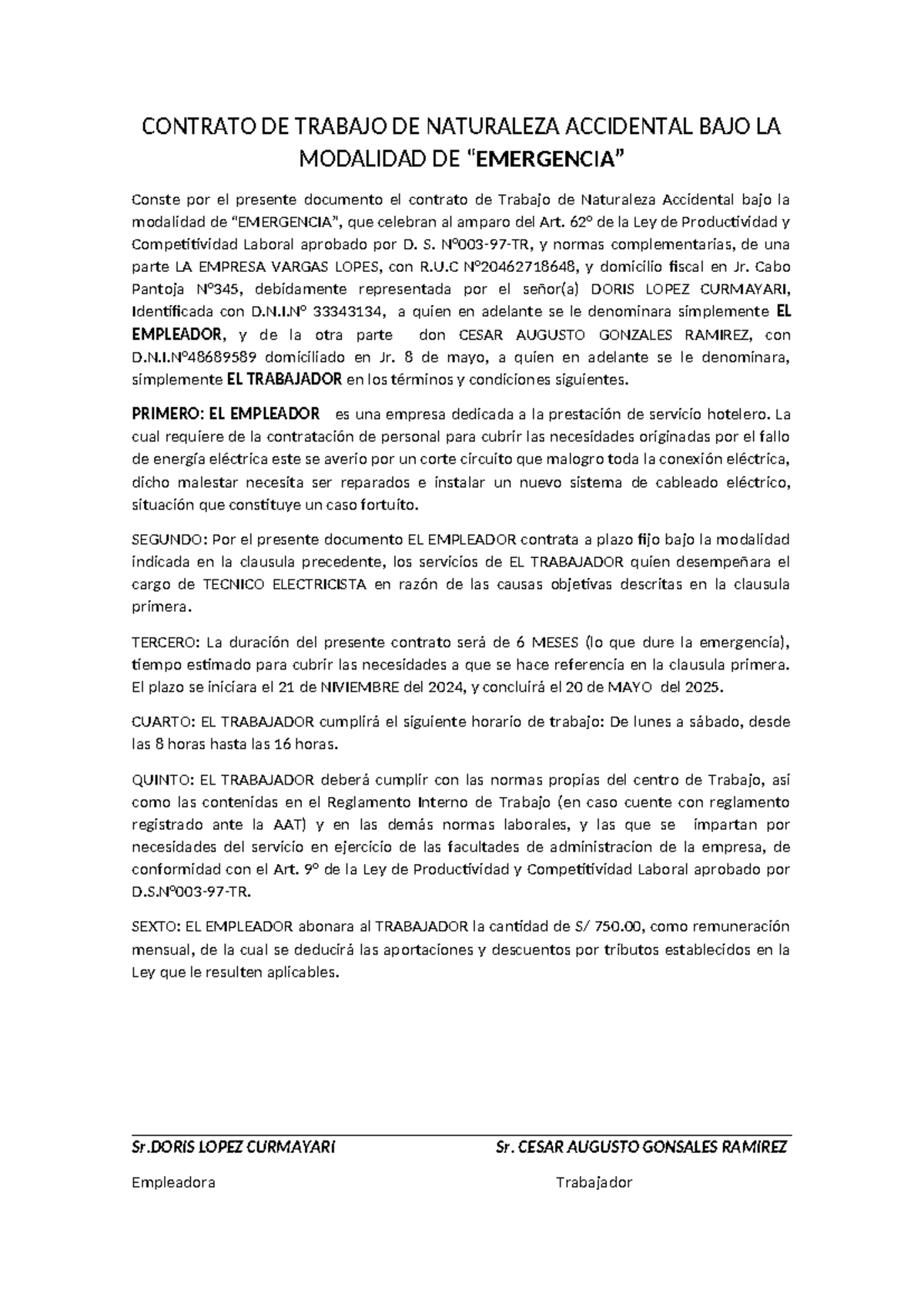 Contrato de emergencia - CONTRATO DE TRABAJO DE NATURALEZA ACCIDENTAL BAJO LA MODALIDAD DE - Studocu
