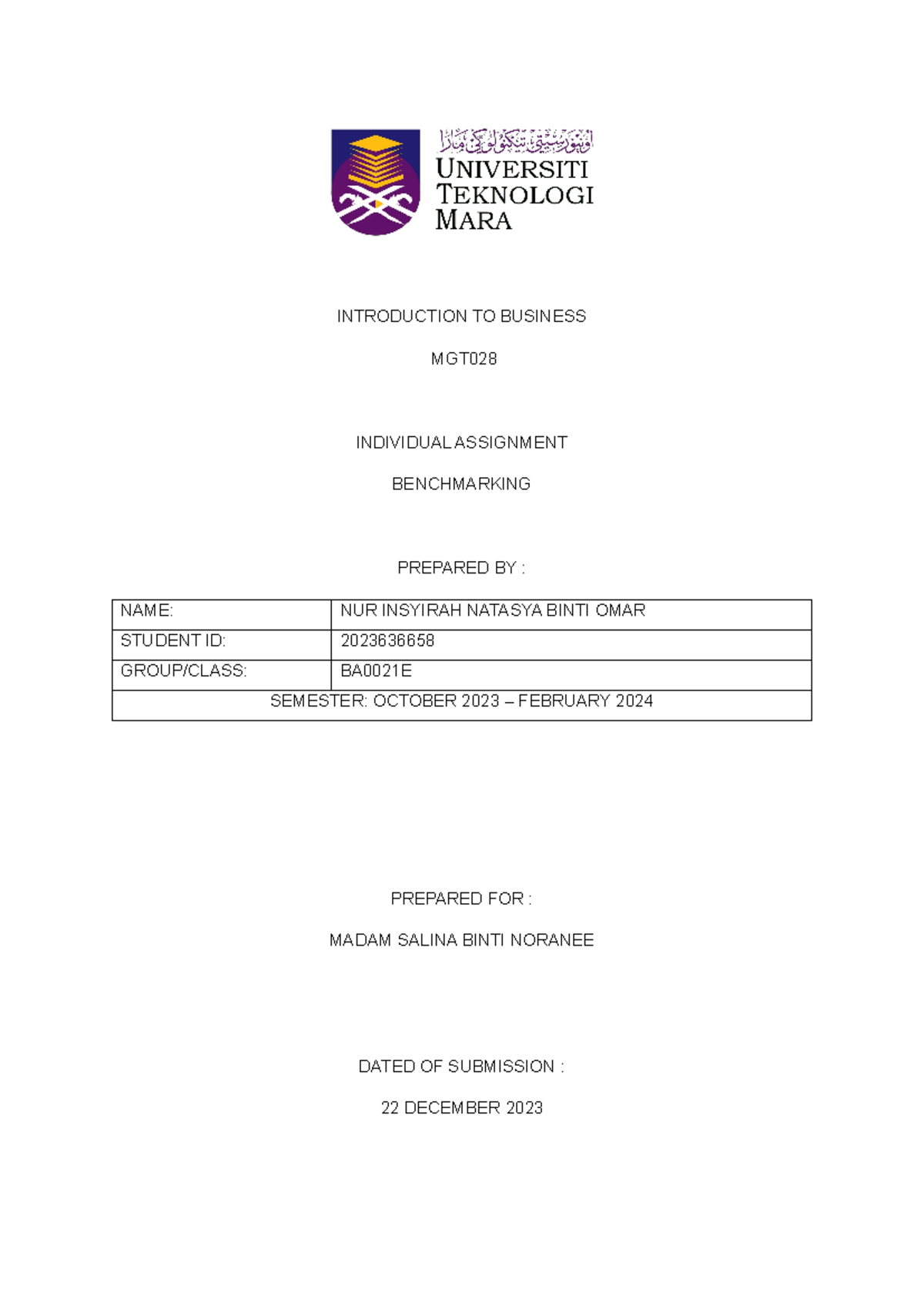 MGT028 - individual assignments - INTRODUCTION TO BUSINESS MGT ...