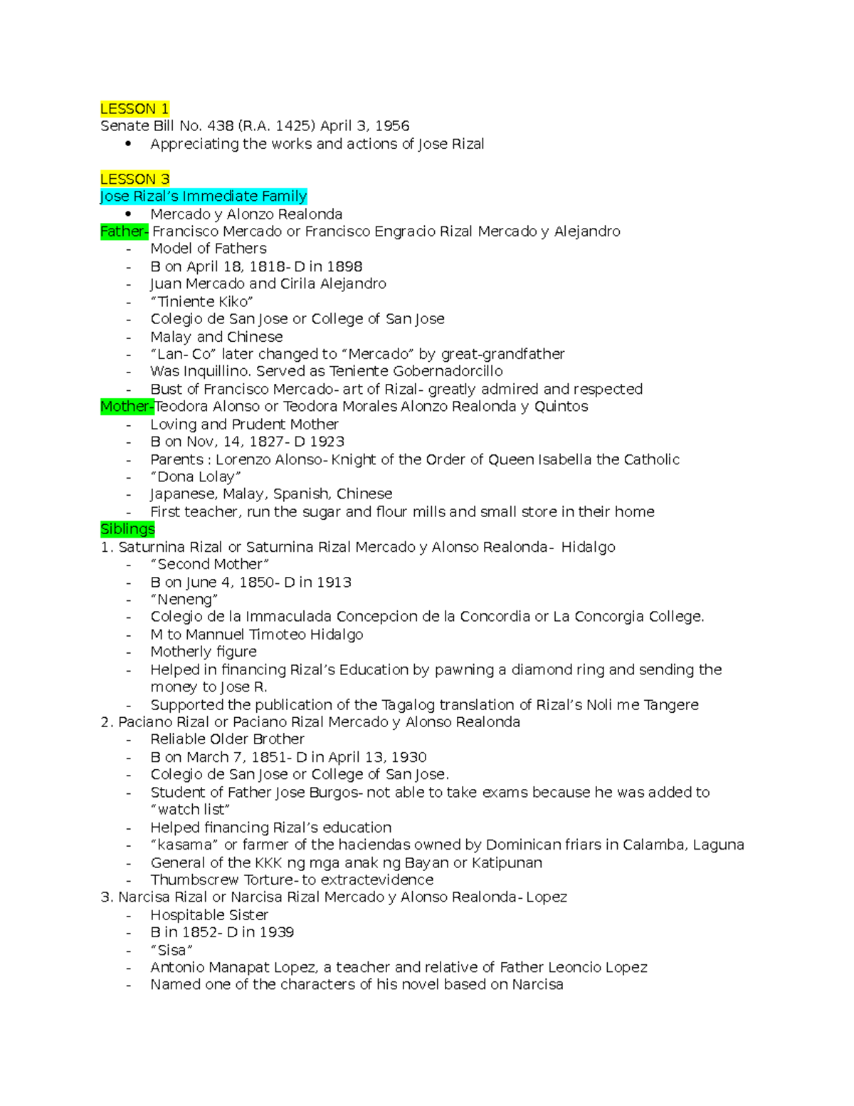 Reviewer Rizal - LESSON 1 Senate Bill No. 438 (R. 1425) April 3, 1956 ...
