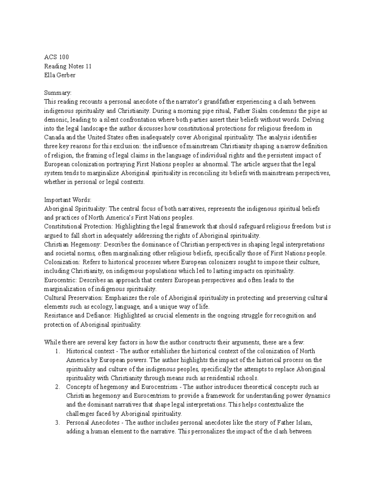 Reading Notes 11 - ACS 100 Reading Notes 11 Ella Gerber Summary: This ...