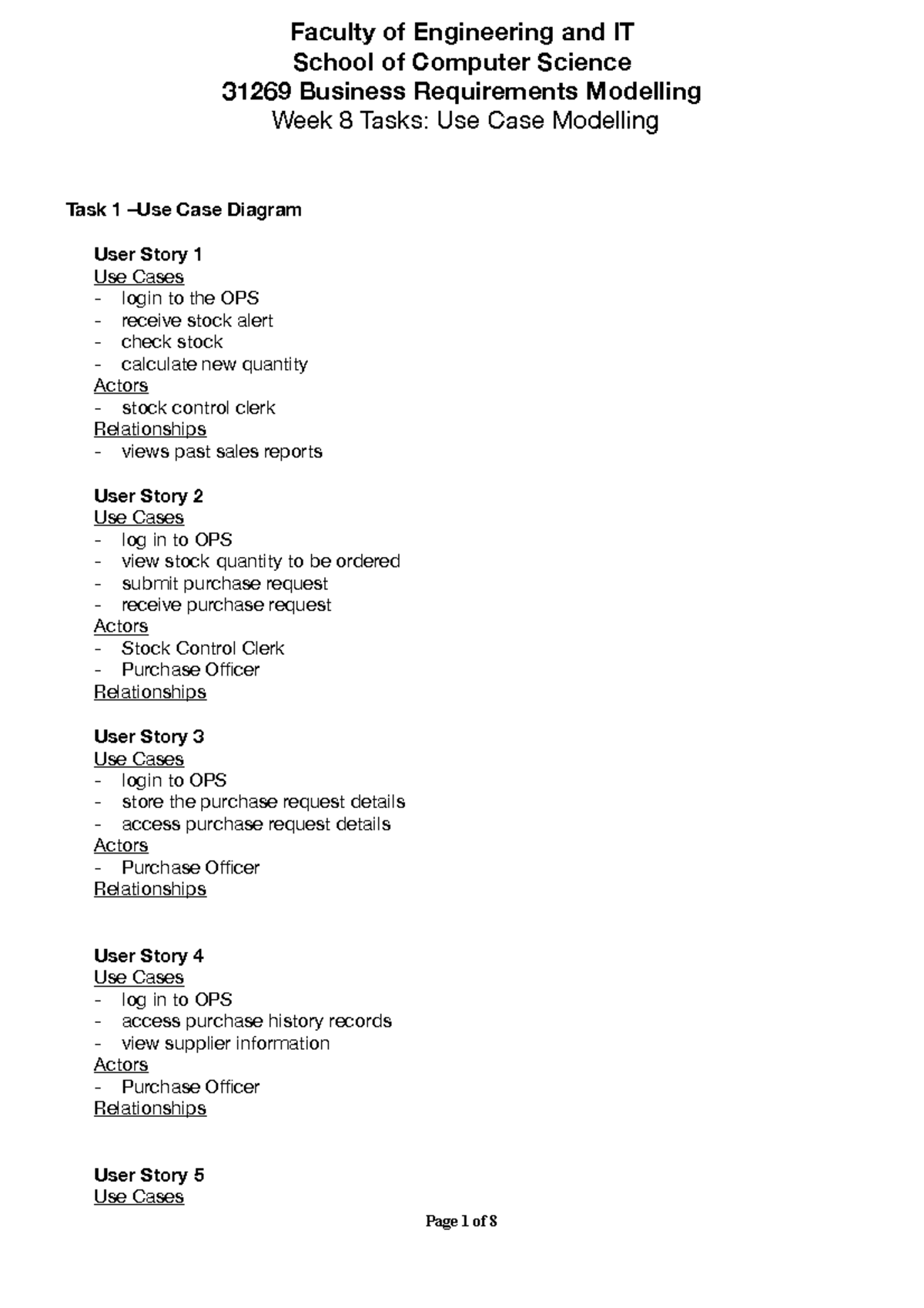 BRM Week 8 LTut tasks - Faculty of Engineering and IT School of Computer Science 31269 Business ...