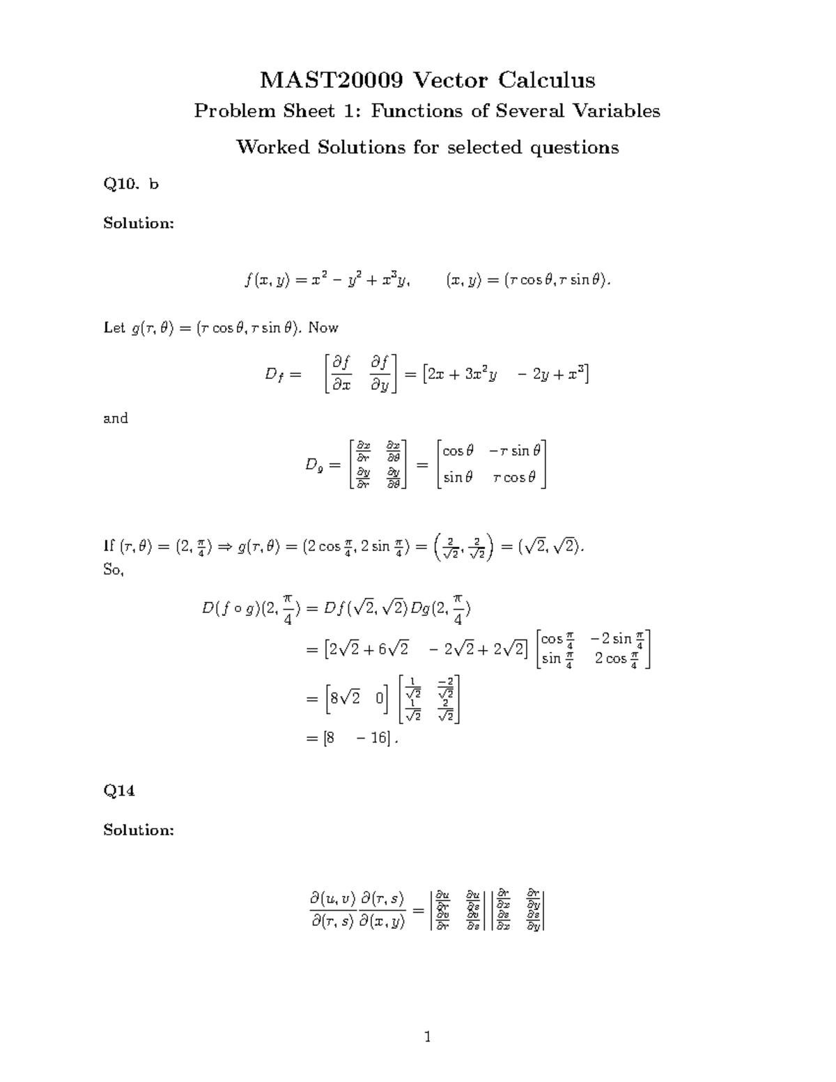 Worked Solutions 1.2 2024S2 - MAST20009 Vector Calculus Problem Sheet 1: Functions of Several ...