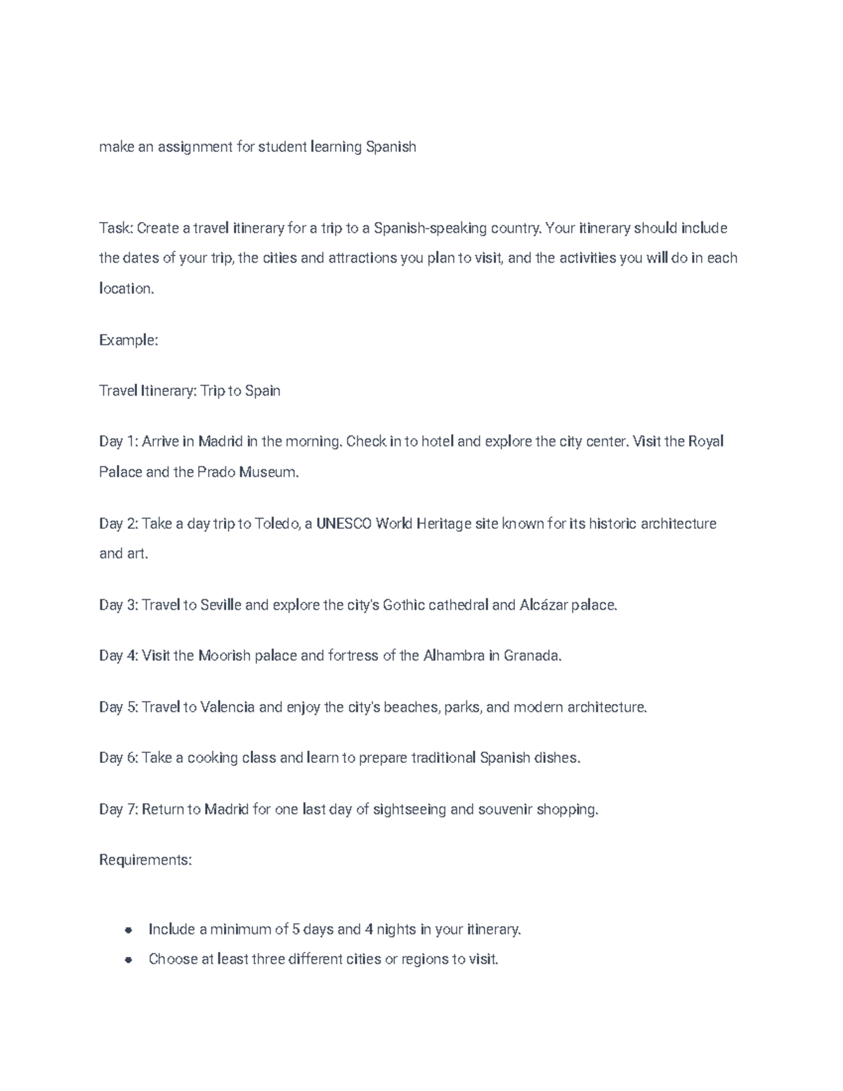 2 make an assignment for student learning Spanish - Your itinerary ...
