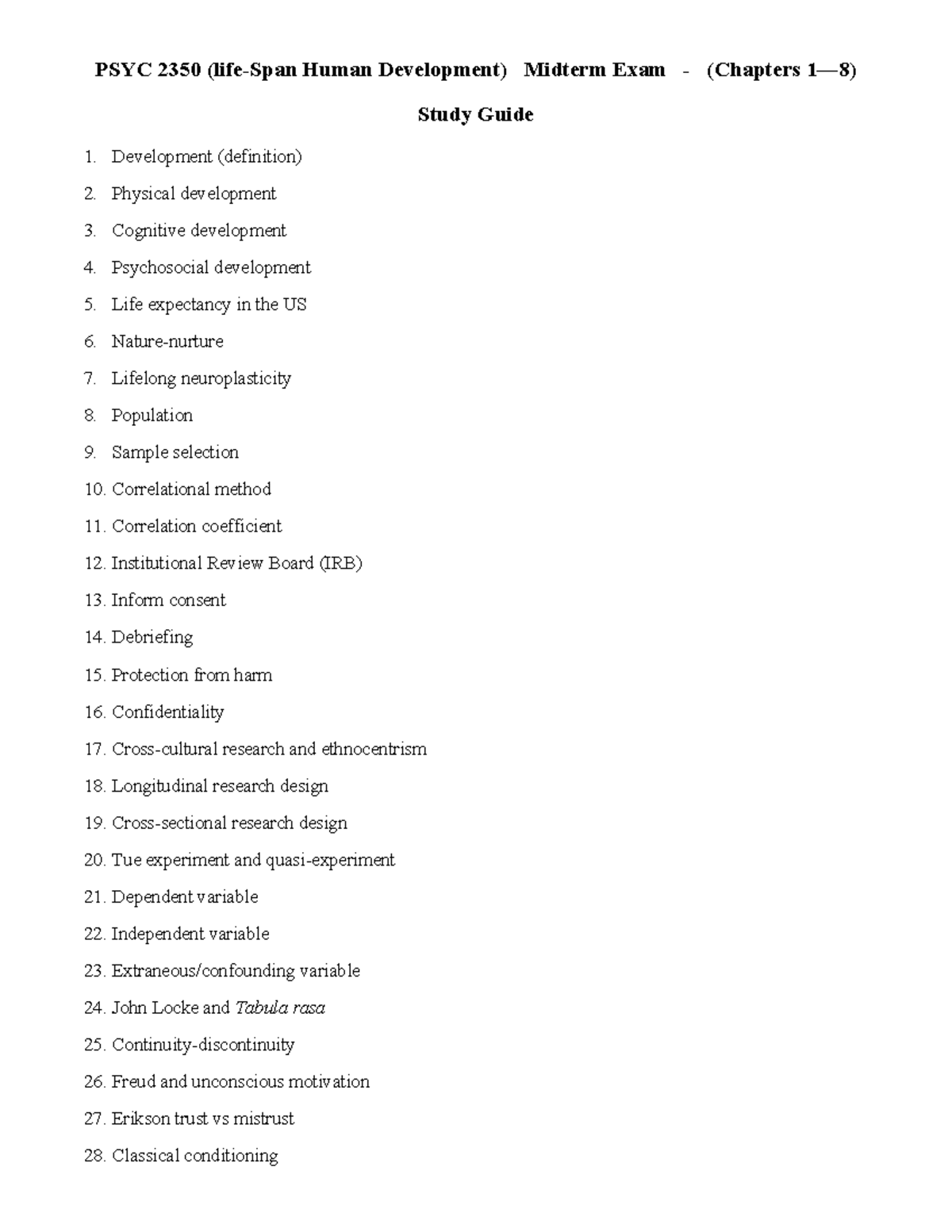 PSYC 2350 Midterm Exam Study Guide (Chapters 1-8) - PSYC 2350 (life-Span Human Development ...