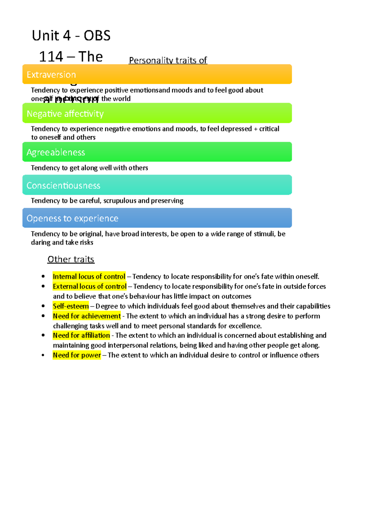 Unit - 4 - Notes to study for tests and exams - Unit 4 - OBS 114 – The ...