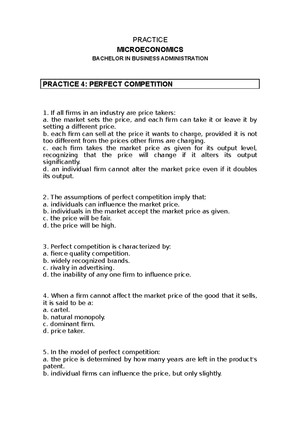 Practice 4 Perfect competition - PRACTICE MICROECONOMICS BACHELOR IN ...