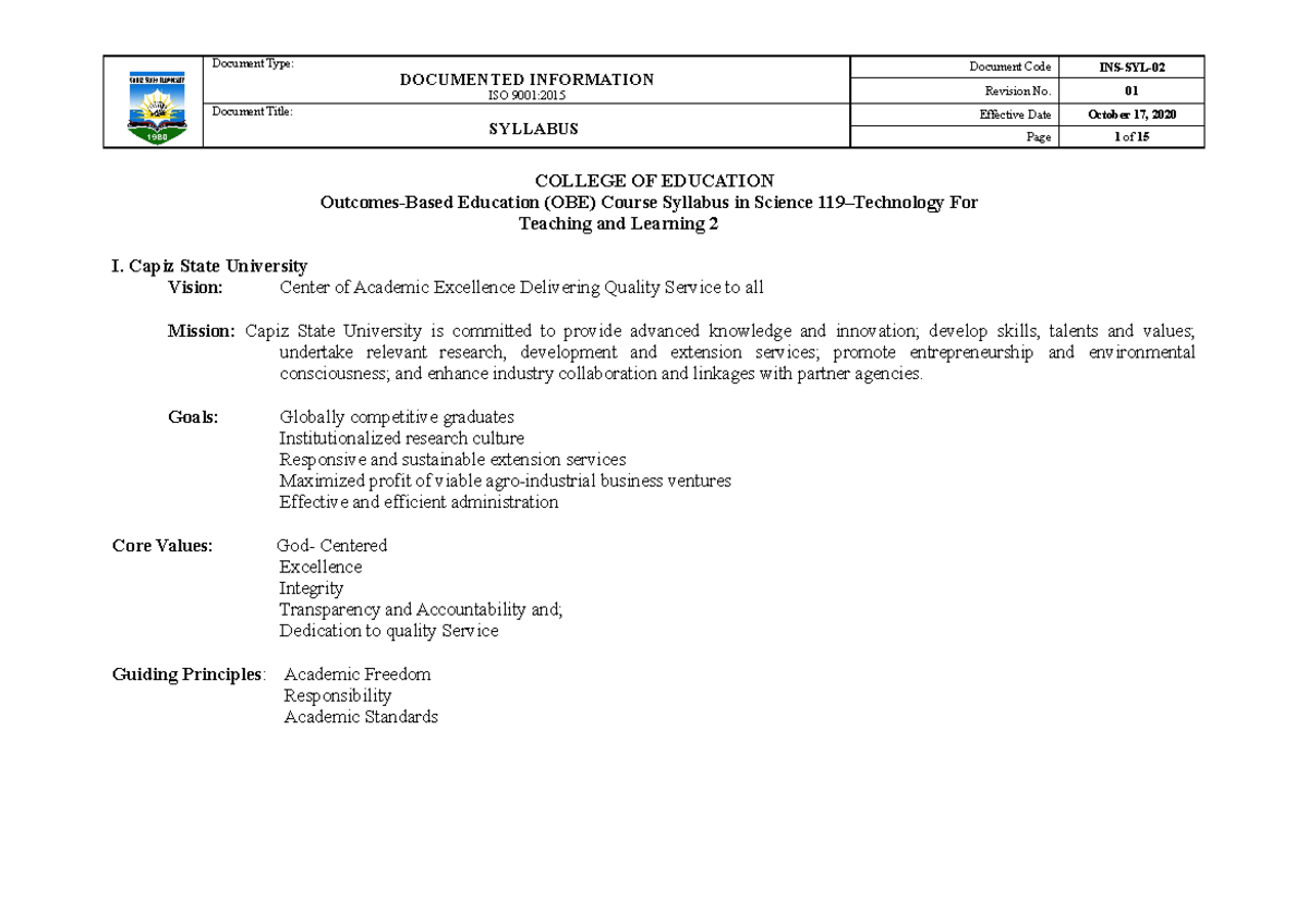 TTL2-Syllabus OBE - 2nd Semester - COLLEGE OF EDUCATION Outcomes-Based ...