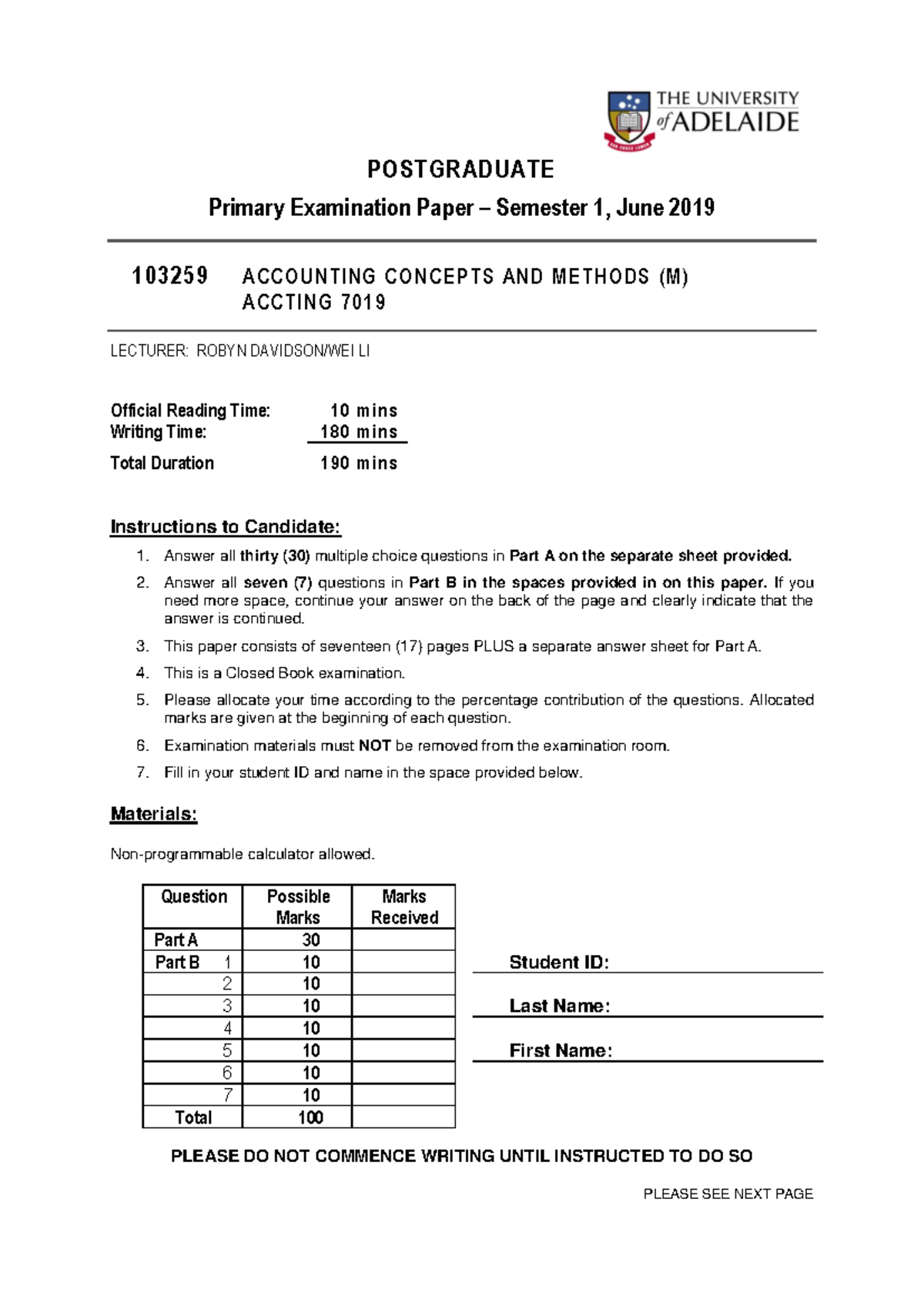 2019 S1 ACM Final exam - great - POSTGRADUATE Primary Examination Paper ...