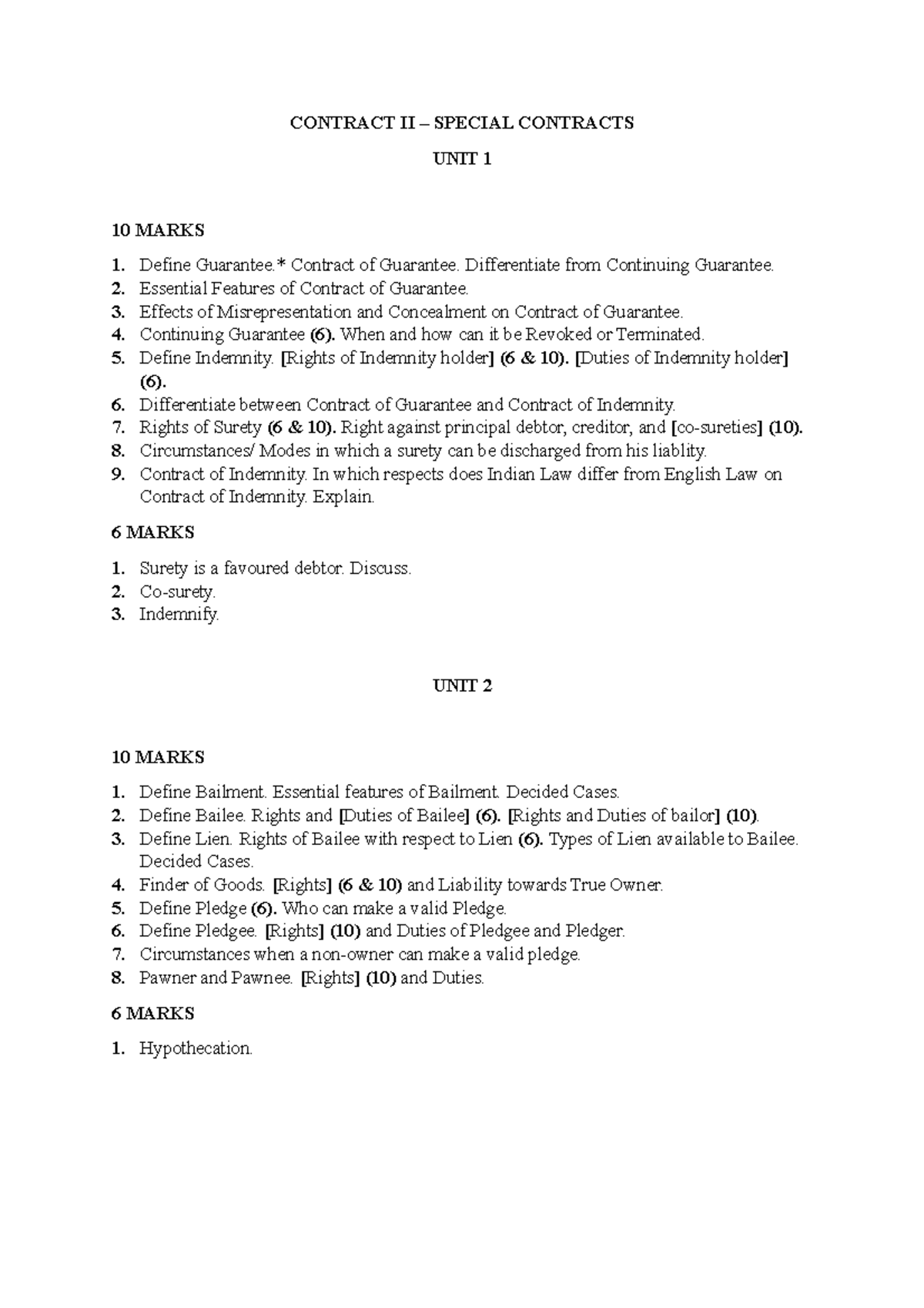 Contract II KSLU Questions - CONTRACT II – SPECIAL CONTRACTS UNIT 1 10 ...