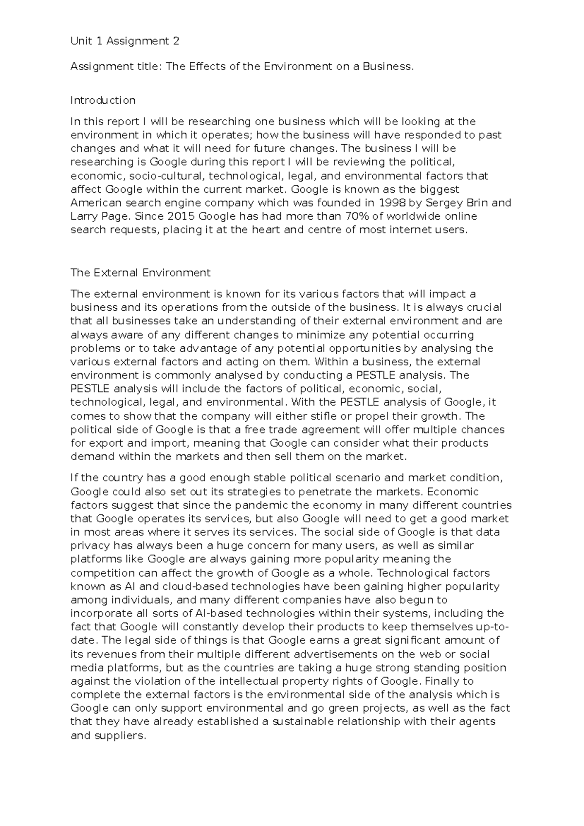 Unit 1 Assignment 2 - Assignment title: The Effects of the Environment ...