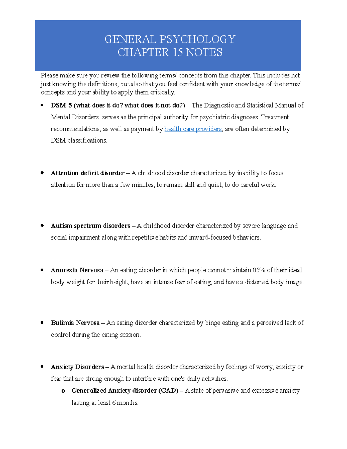 Chapter 15 Notes - Shawn Fox, Psychology perspectives and connections ...