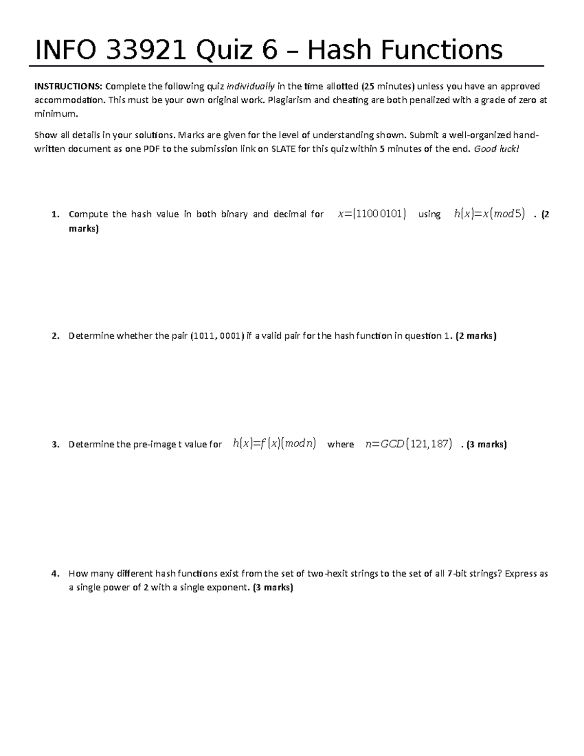 INFO 33921 Quiz6 ak - In class quiz - INFO 33921 Quiz 6 – Hash ...