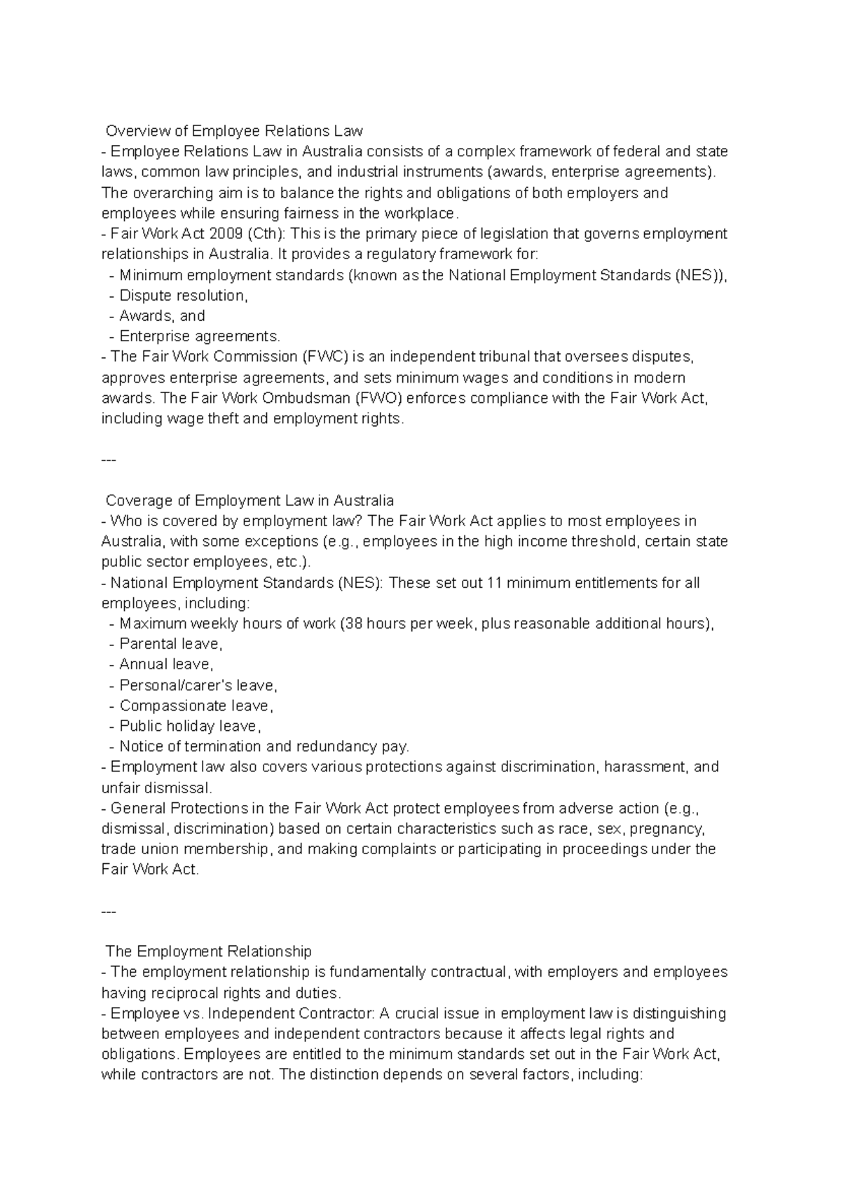 Employment Law Notes - Basic Overview - Overview of Employee Relations ...