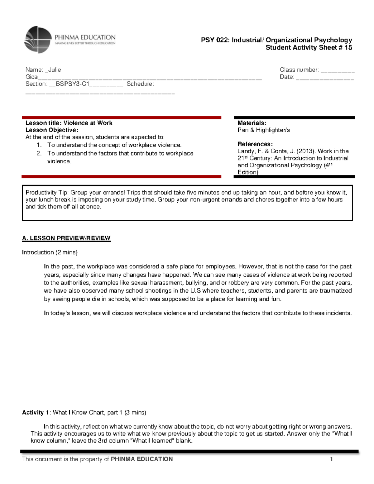 SAS-15 - Sas - Student Activity Sheet # 15 Name: Julie - Studocu