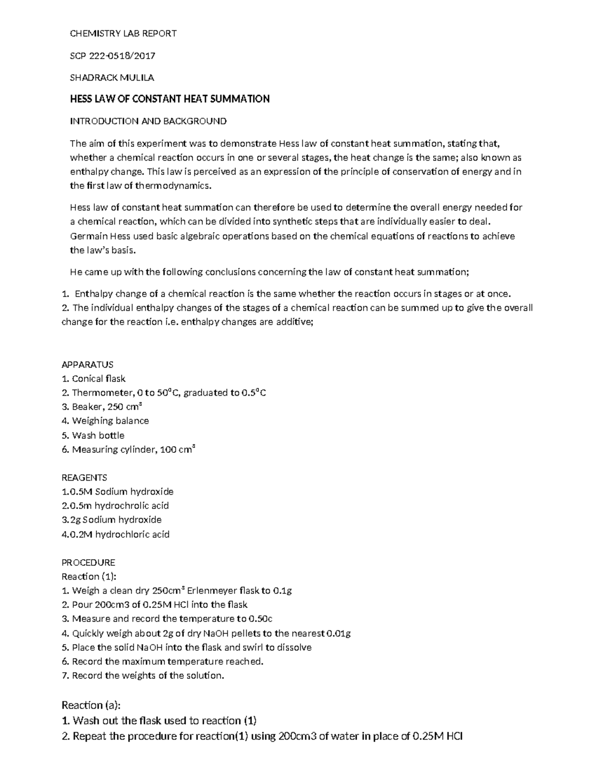 Chemistry HESS LAW OF Constant HEAT SUMM - CHEMISTRY LAB REPORT SCP 222 ...