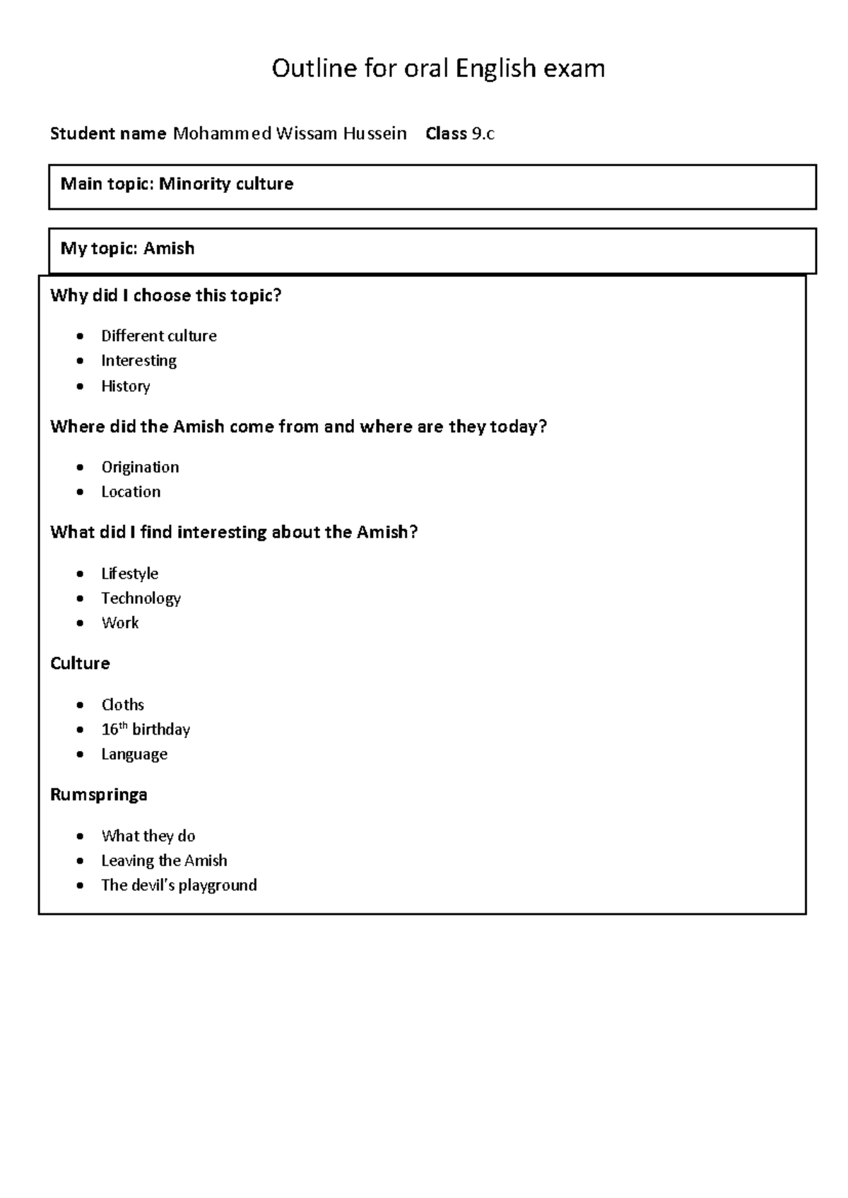 Outline oral exam amish - Outline for oral English exam Student name ...