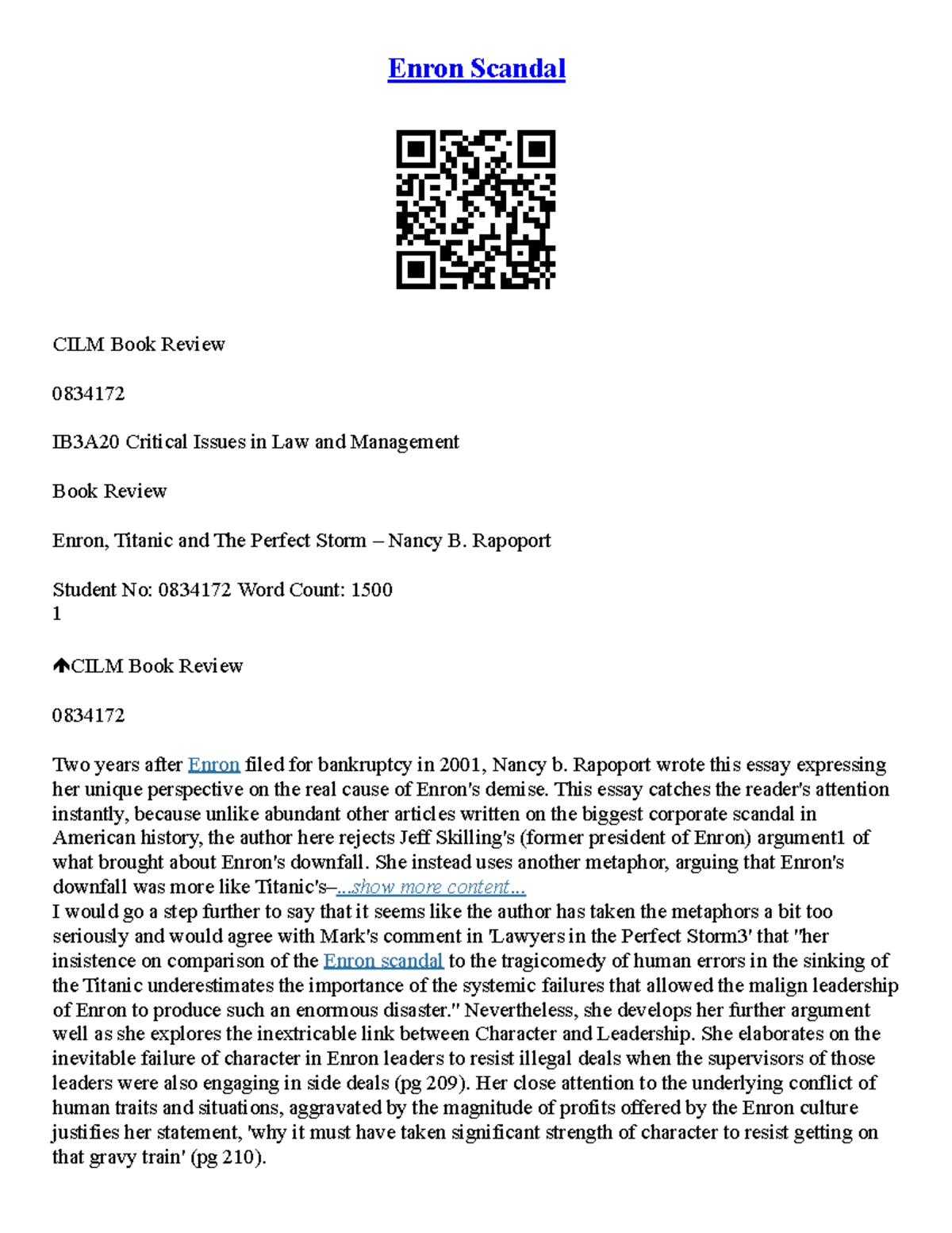 Enron Scandal Essay - Enron Scandal CILM Book Review 0834172 IB3A20 ...