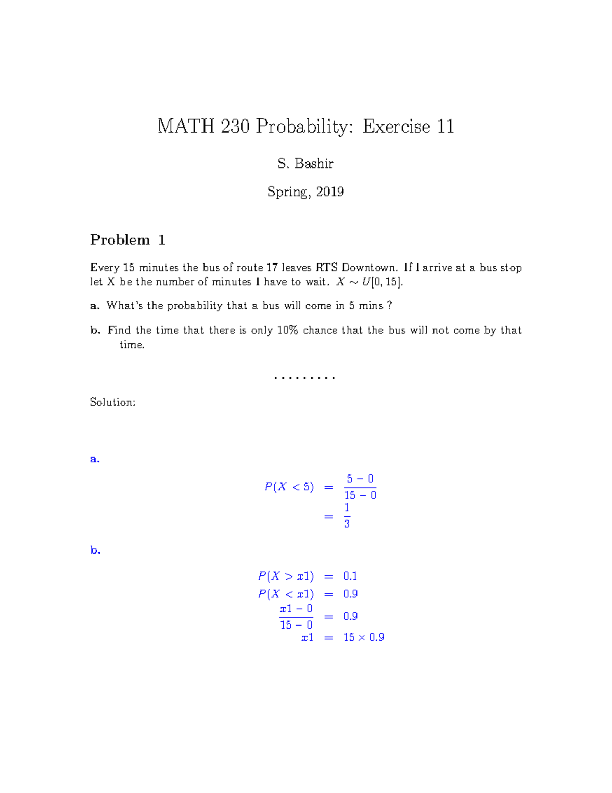 Exercise 11 soln - Tutorial problems solutions - MATH 230 Probability: Exercise 11 S. Bashir ...