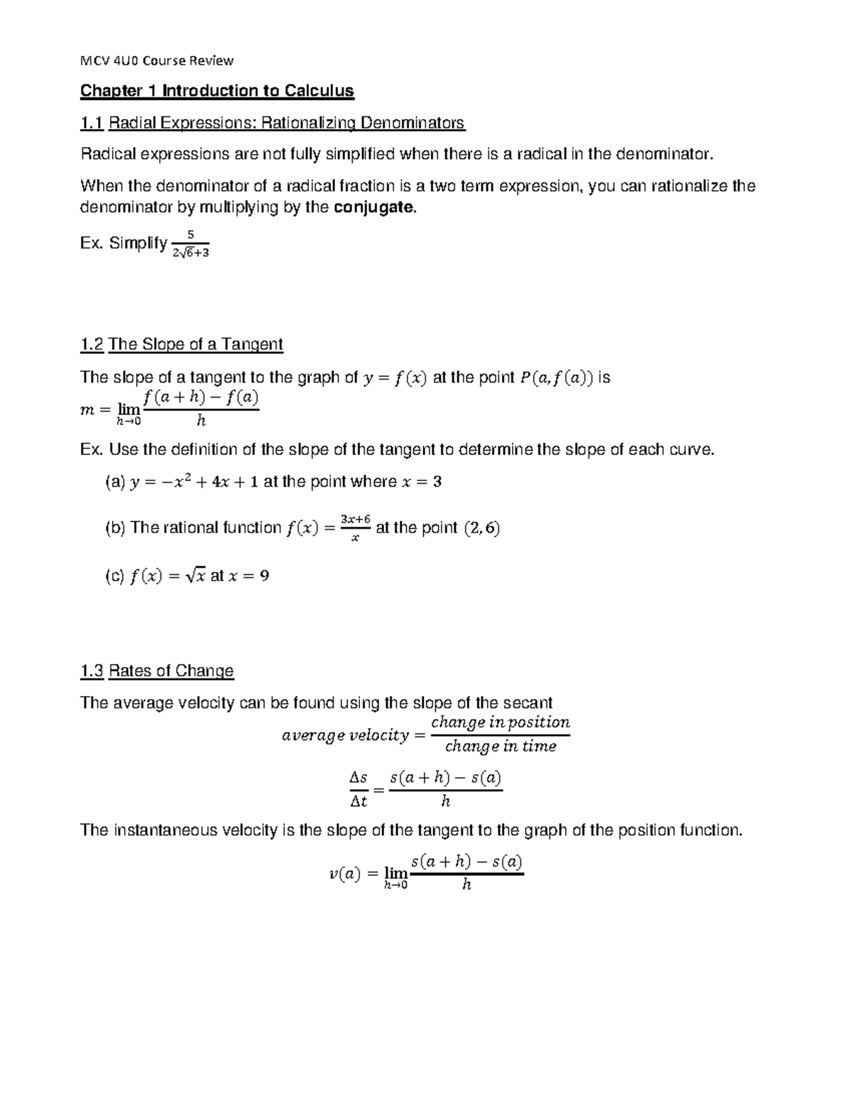 MCV4U0 Course Review - Chapter 1 Introduction to Calculus 1 Radial ...