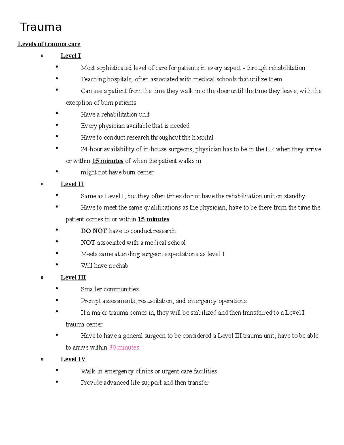 NSG 472 Trauma - Trauma Levels of trauma care Level I o Most ...