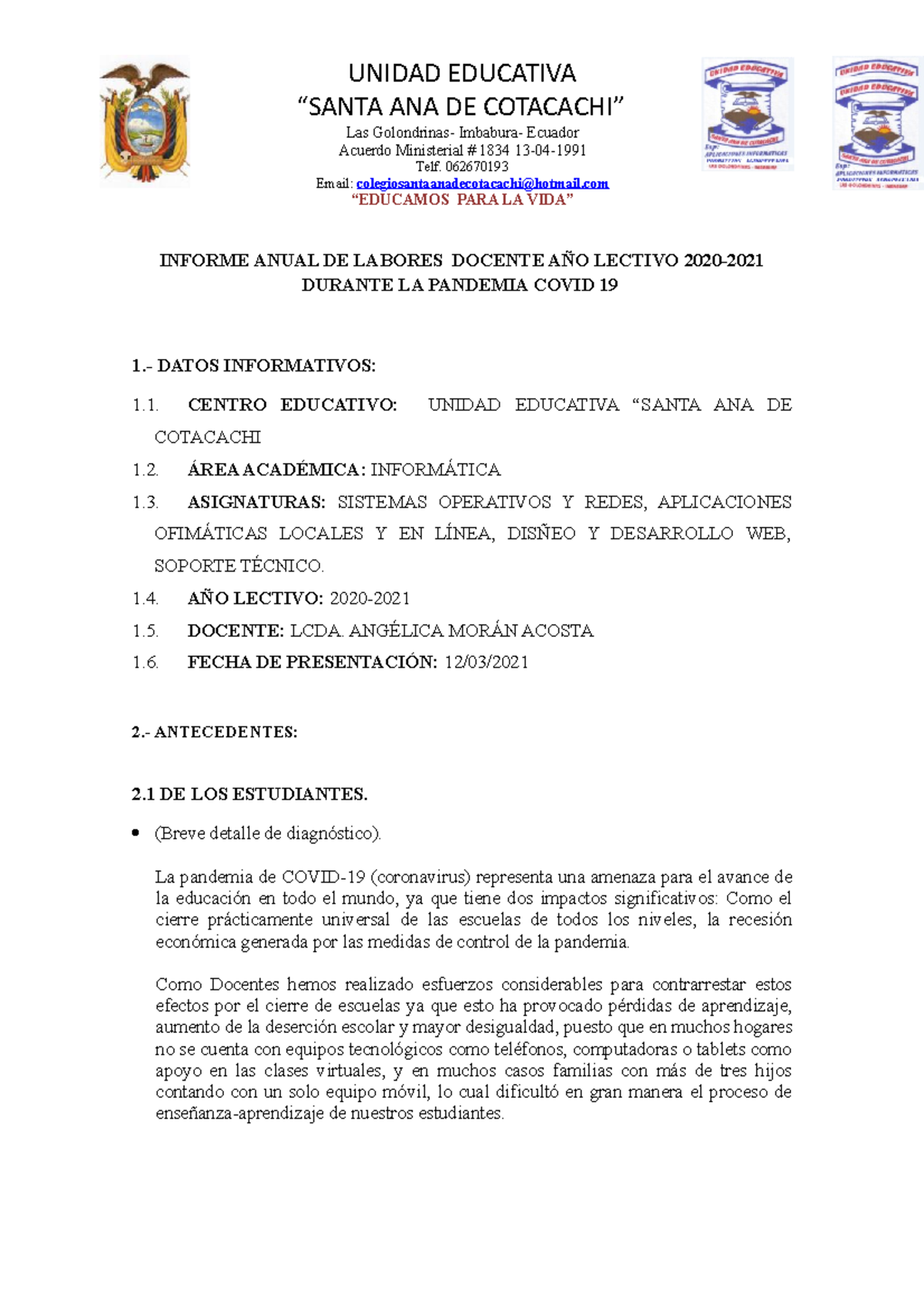 Informe Anual DE Labores Docente Bloque 1 2020[1107] - “SANTA ANA DE COTACACHI” Las Golondrinas ...