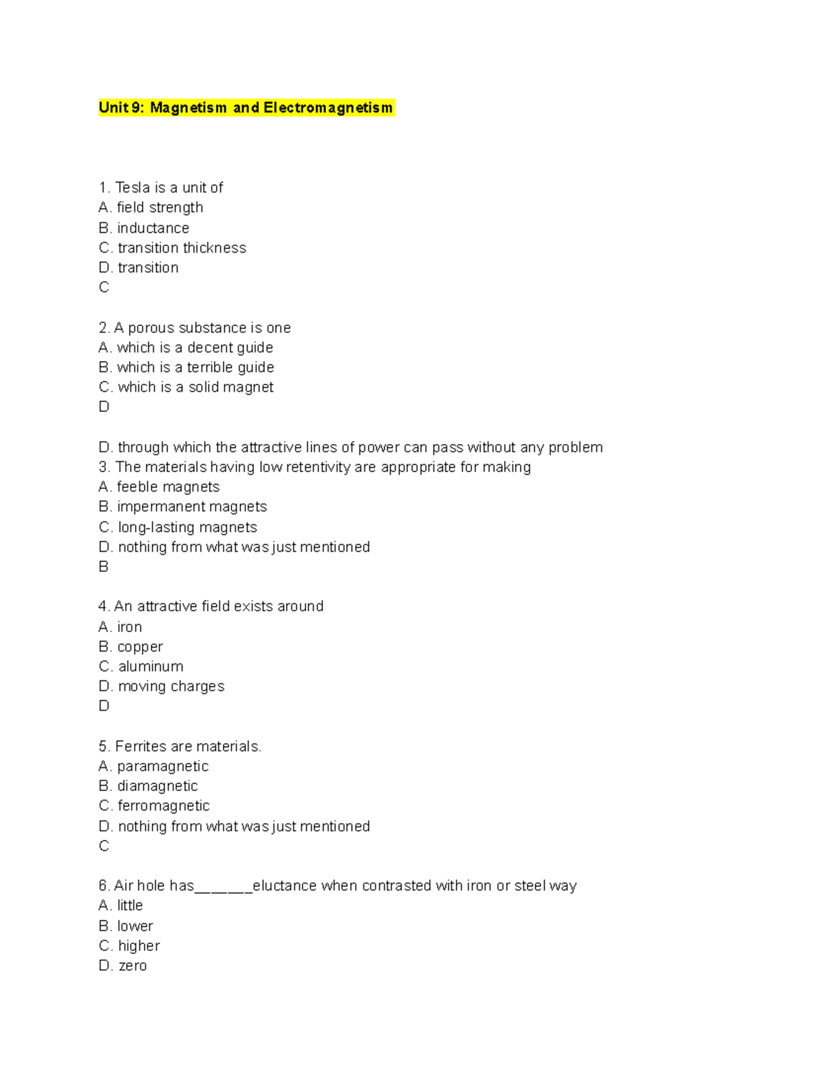Unit 9 Magnetism and Electromagnetism - Unit 9: Magnetism and ...