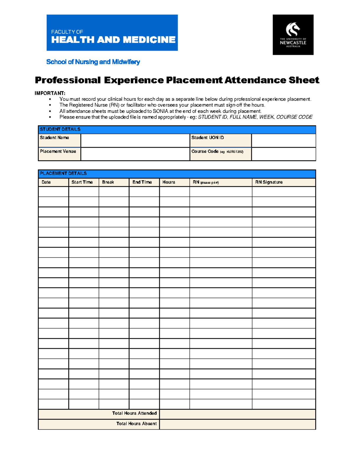 Time Sheet - Professional Experience Placement Attendance Sheet ...