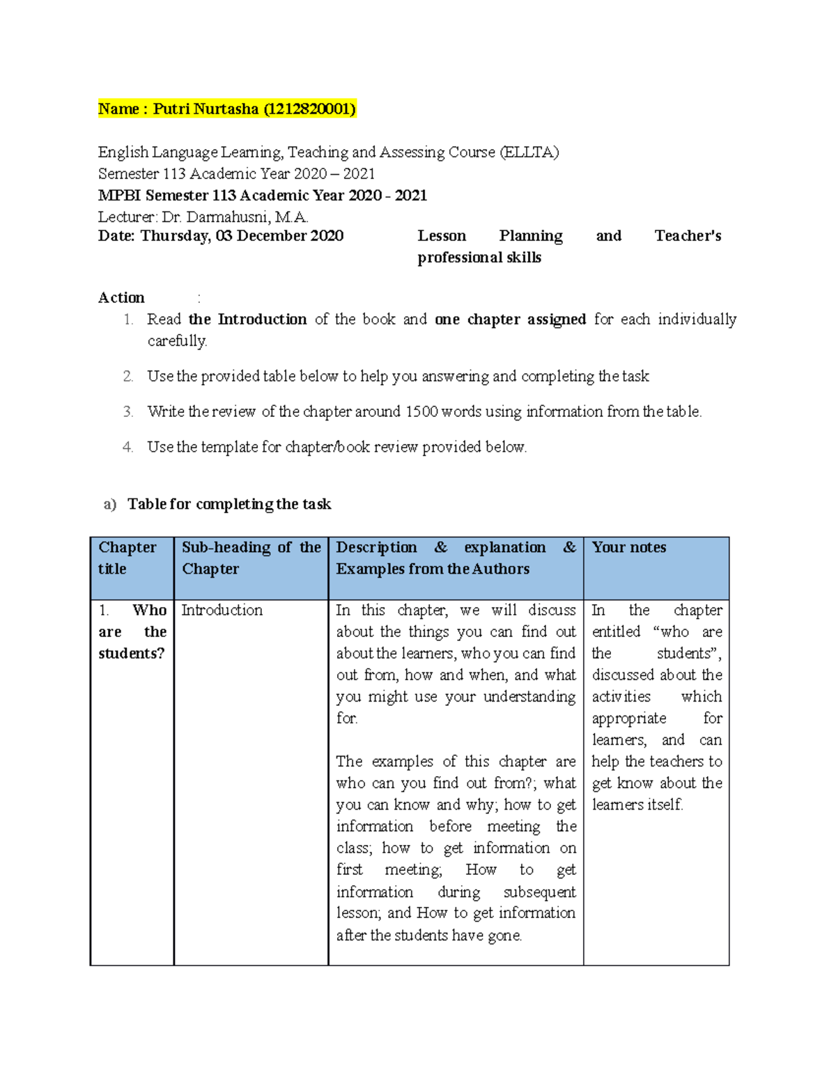Task 14 - Lesson Planning and Teacher's professional skills - Name ...