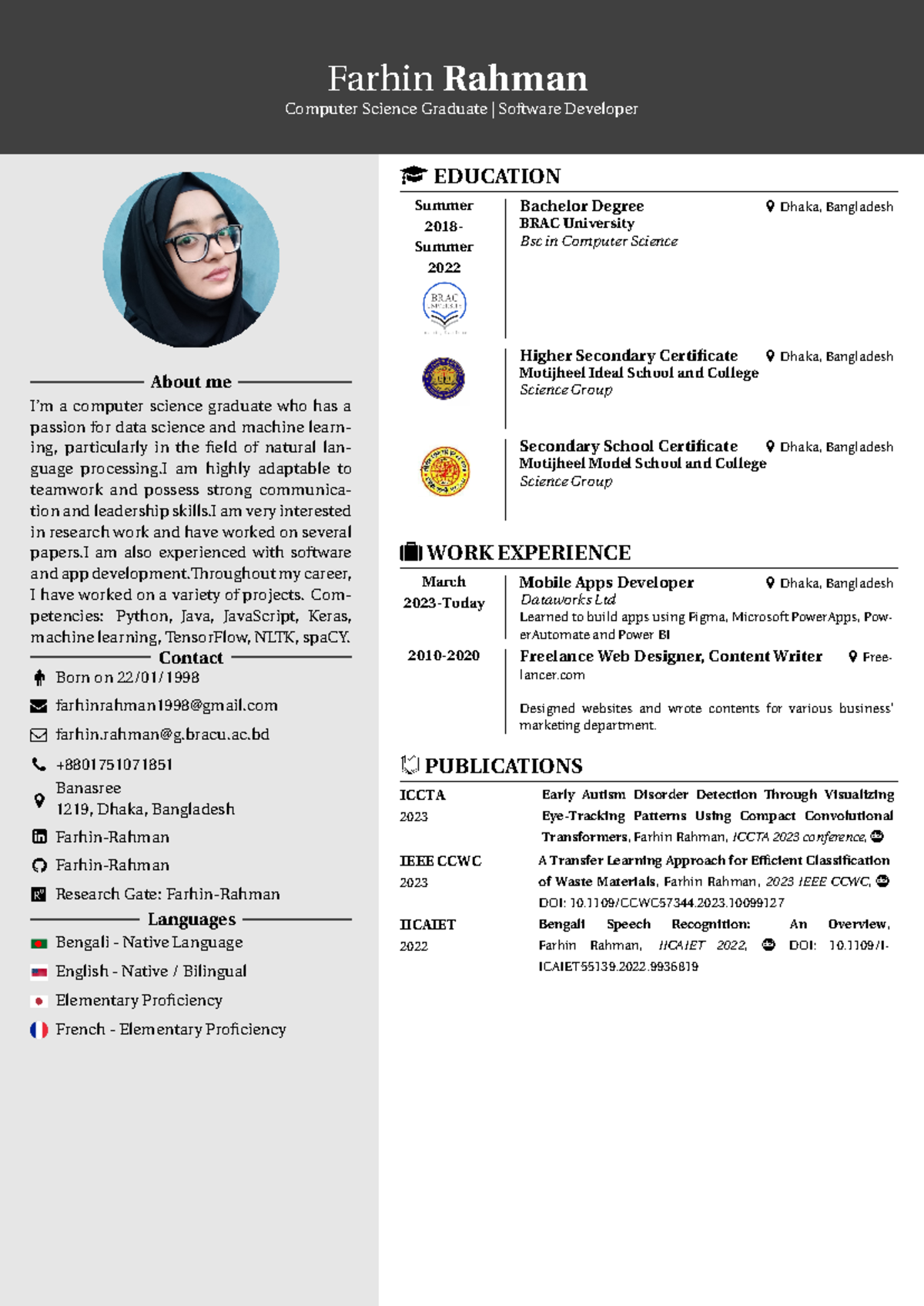 Resume Of Farhin Rahman Updated - Farhin Rahman Computer Science Graduate | Software Developer ...
