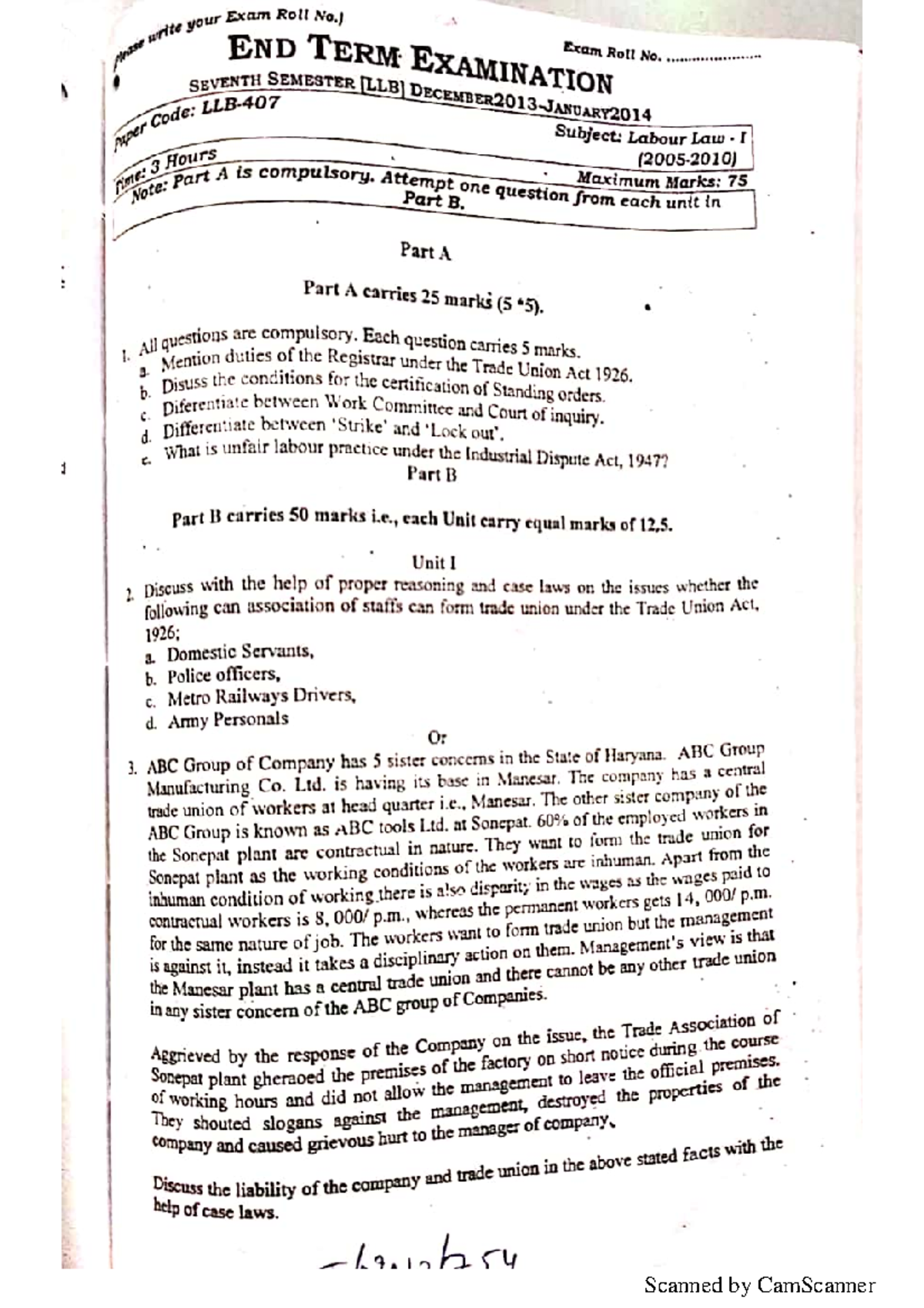 Labour law - PYQ's 7th Semester - Exam Roll No.) END TERM EXAMINATION ...