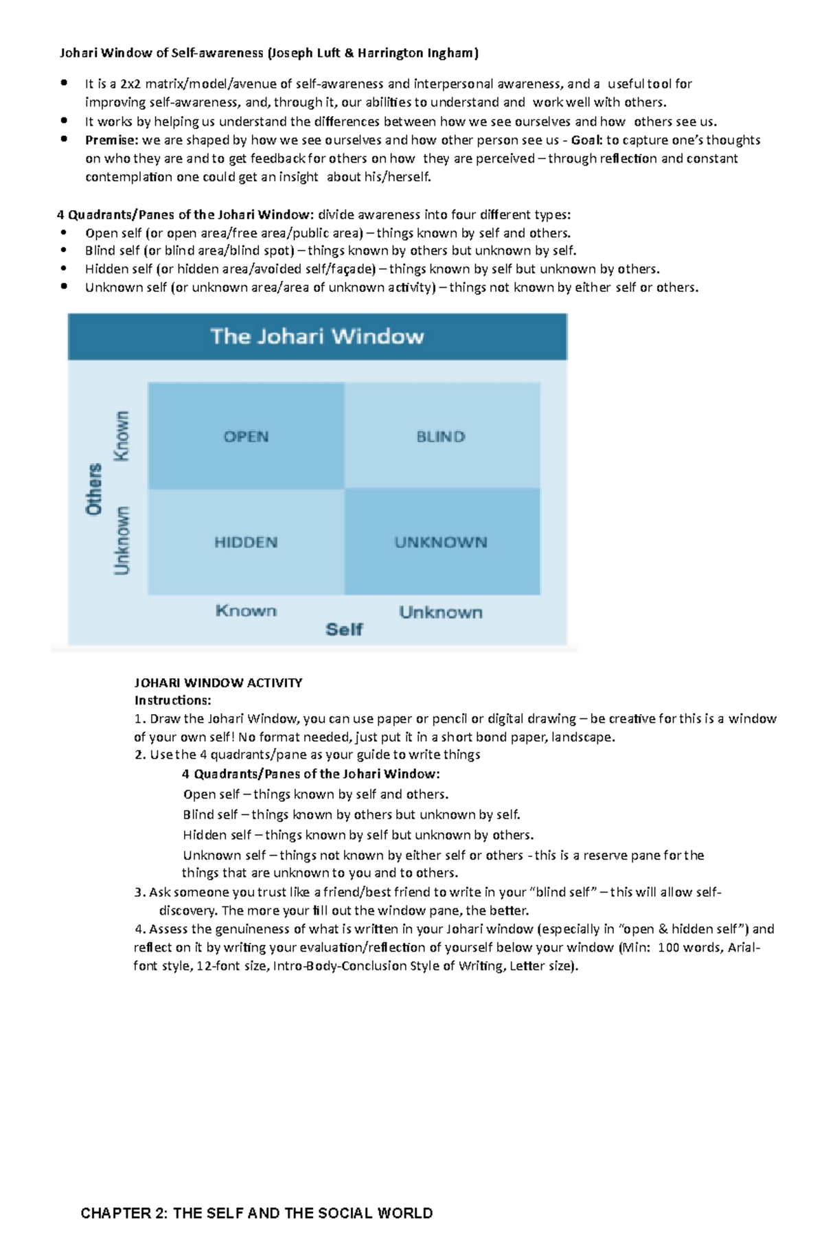 Chapter 2 SELF IN THE Social World - Johari Window of Self-awareness ...