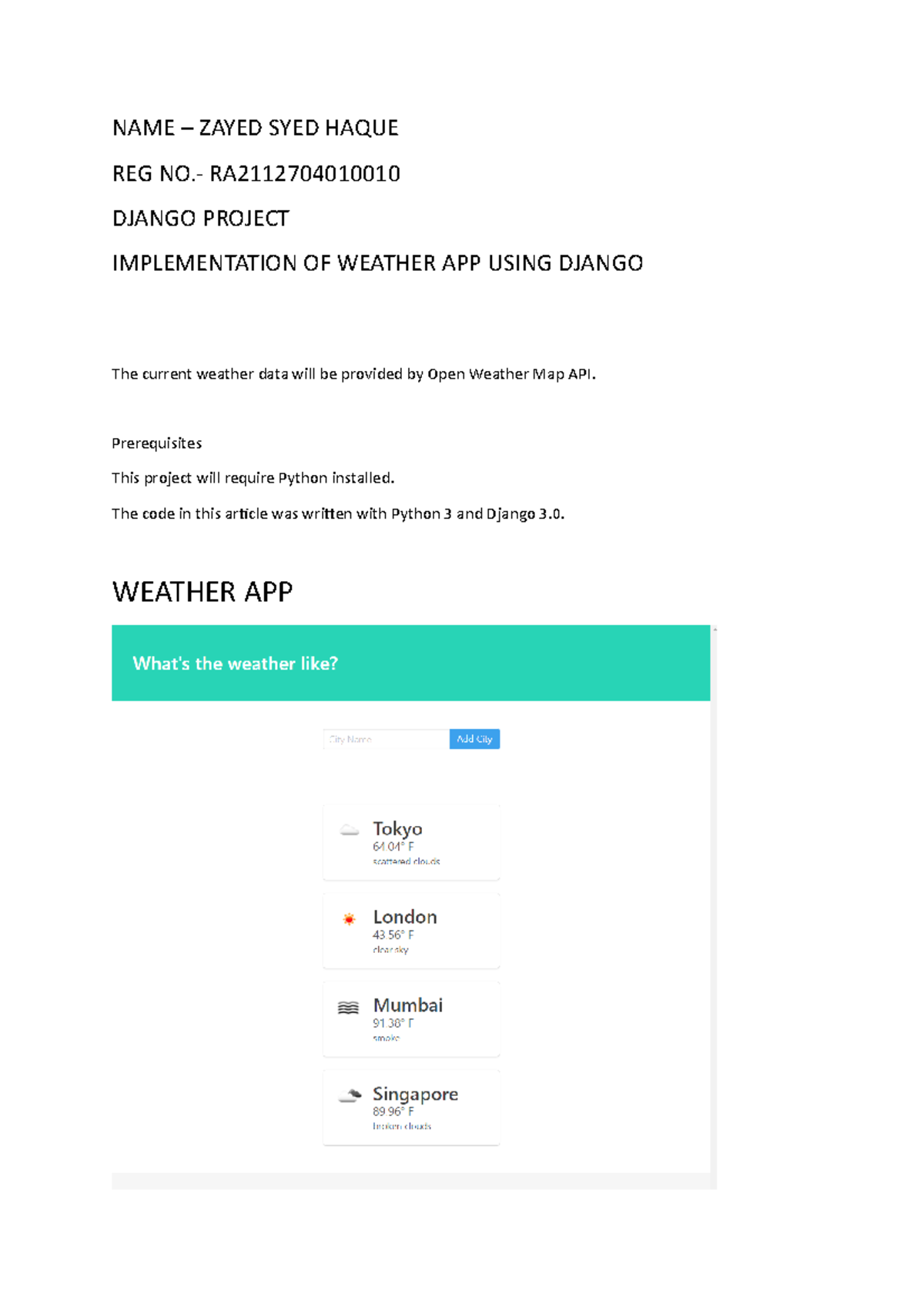 Django Project Weather App Name Zayed Syed Haque Reg No Ra Django Project Implementation