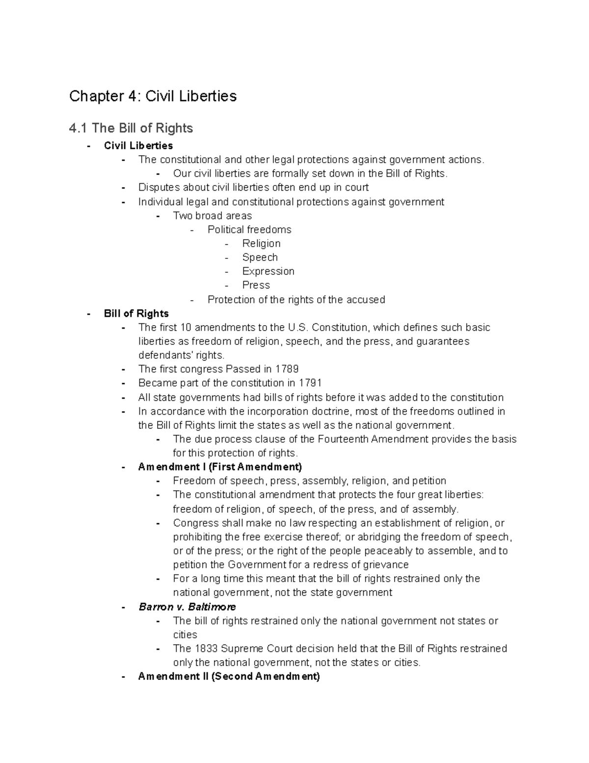 Ch. 4 - Dr. Hogan - Chapter 4: Civil Liberties 4 The Bill of Rights ...