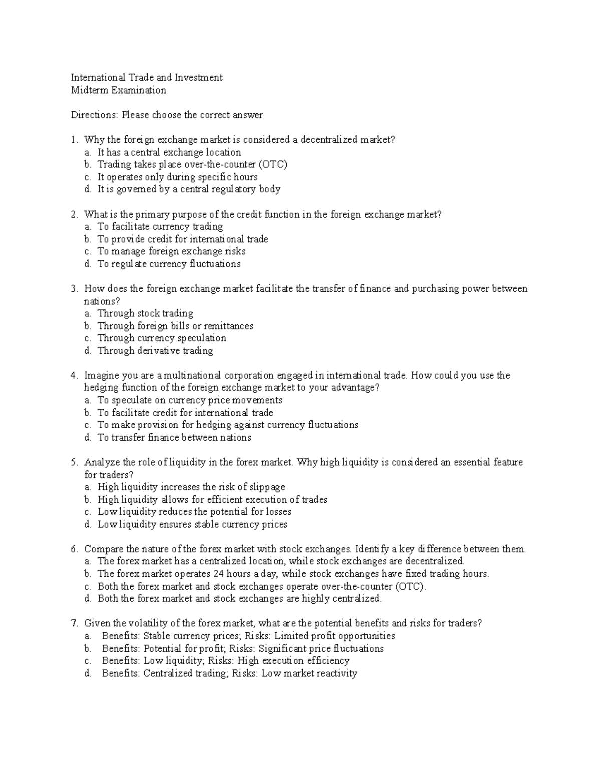 International Trade Exam Midterm - Copy - International Trade and ...