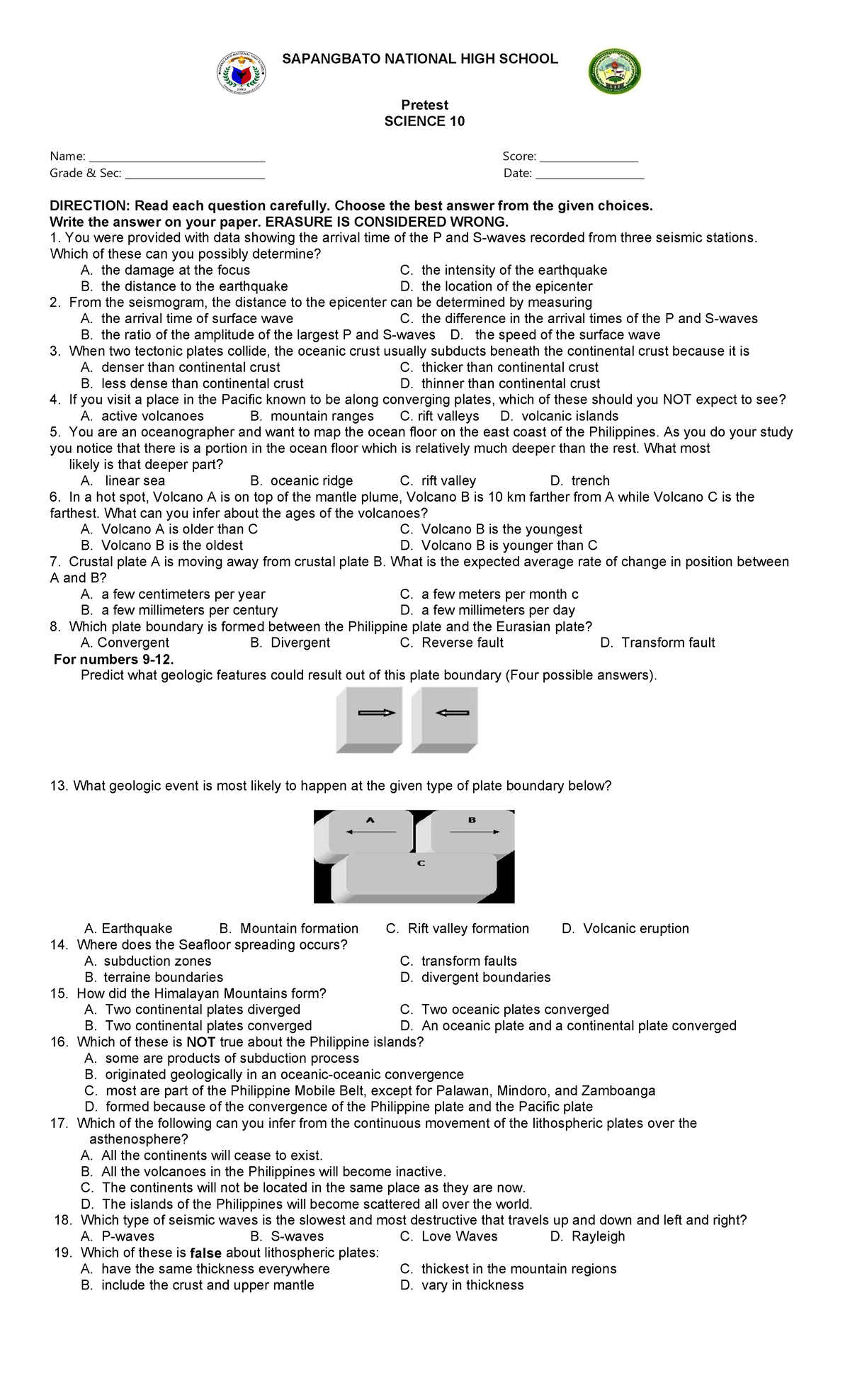 Pretest grade 10 - SAPANGBATO NATIONAL HIGH SCHOOL Pretest SCIENCE 10 ...