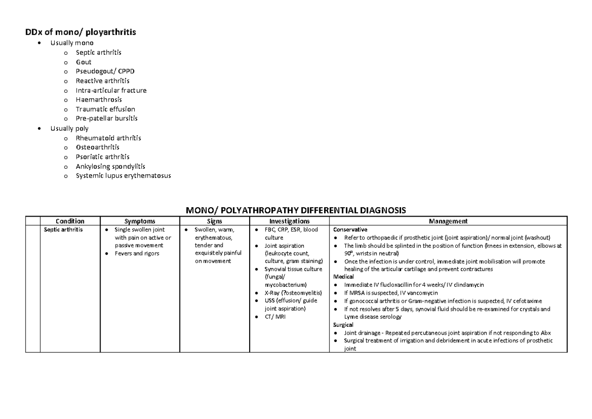 Athropathy Differential Diagnosis - DDx of Septic Reactive Traumatic ...