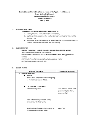 Lesson Plan - Introduction to the Human Person - LESSON PLAN ...