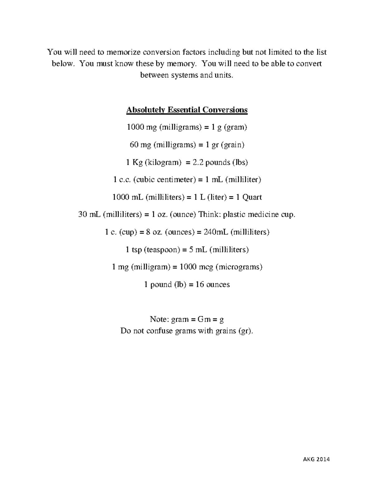 Absolutely Essential Conversions - AKG 2014 You will need to memorize ...